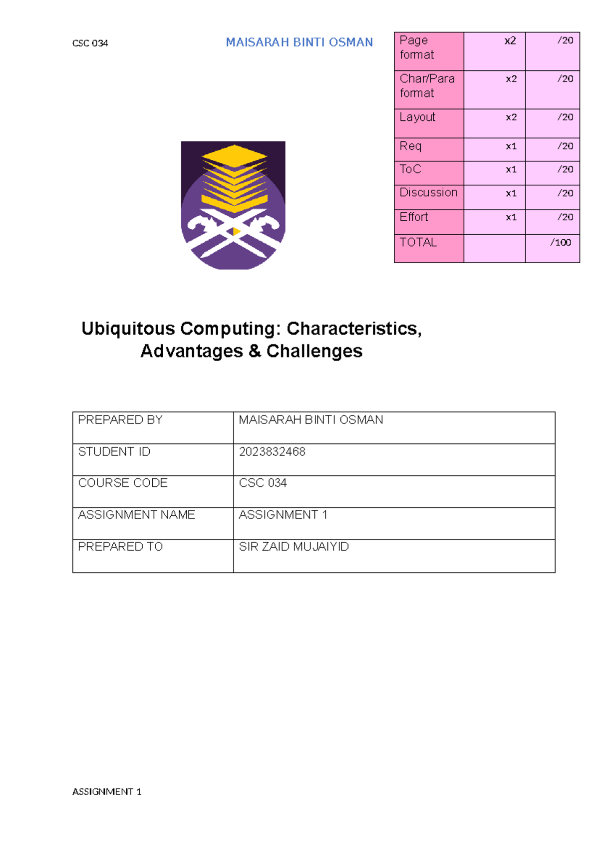 Ubiquitous Computing Insights: Characteristics, Benefits & Challenges - CSC 034 - Studocu