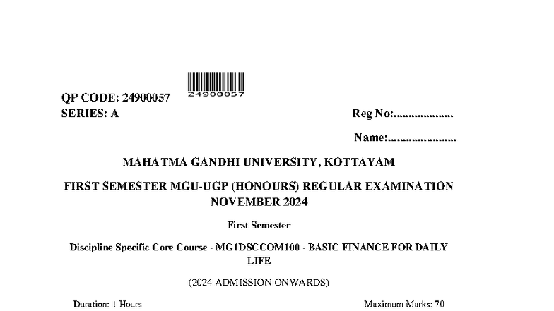 MG1DSCCOM100 Basic Finance for Daily Life - Question Paper 2024 - Studocu