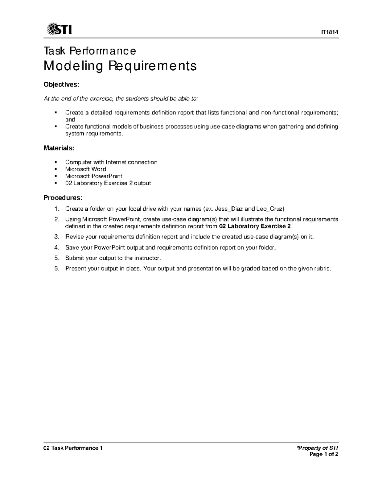 IT1814 Task Performance Modeling Requirements & Objectives - Studocu