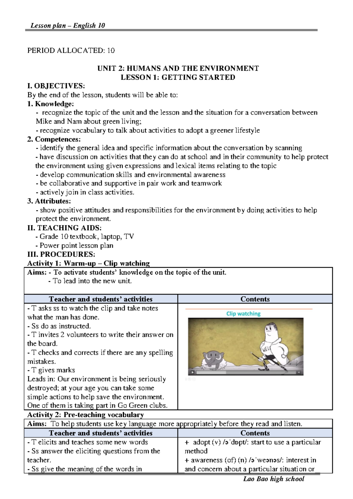 Lesson Plan: English 10 - Unit 2: Humans & Environment (Lessons 1-4 ...