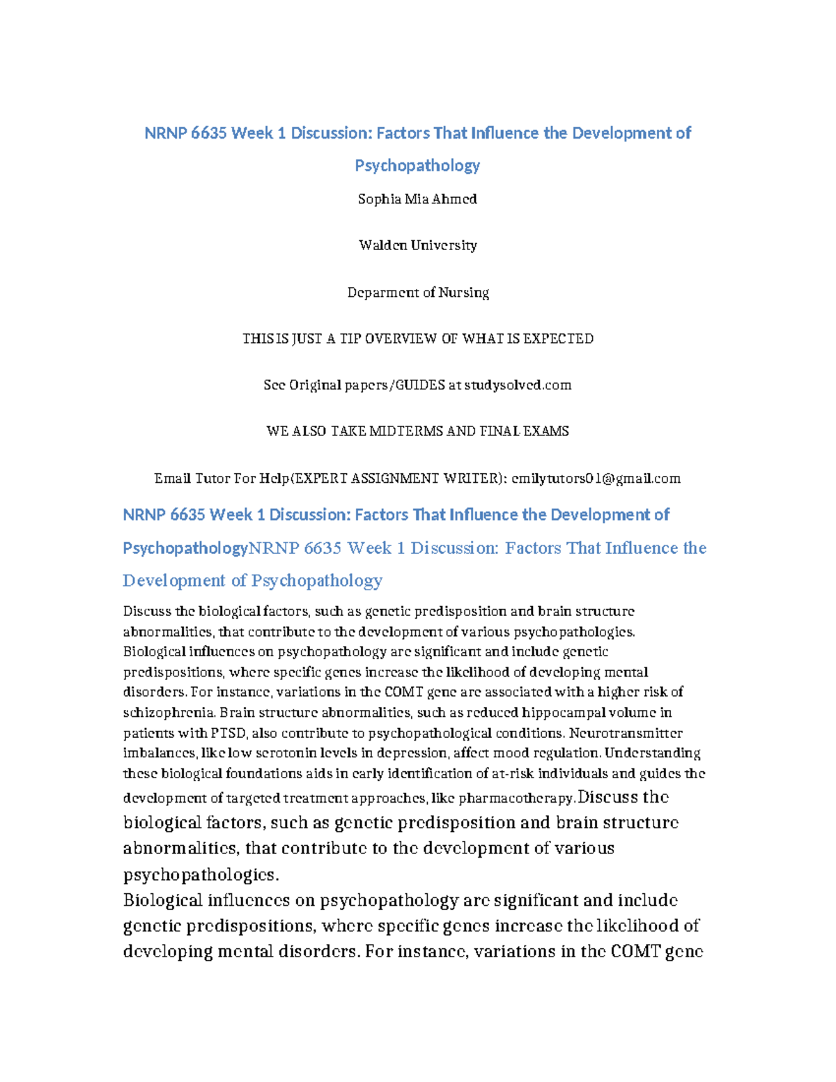 NRNP 6635 Week 1 Discussion: Influences on Psychopathology Development - Studocu