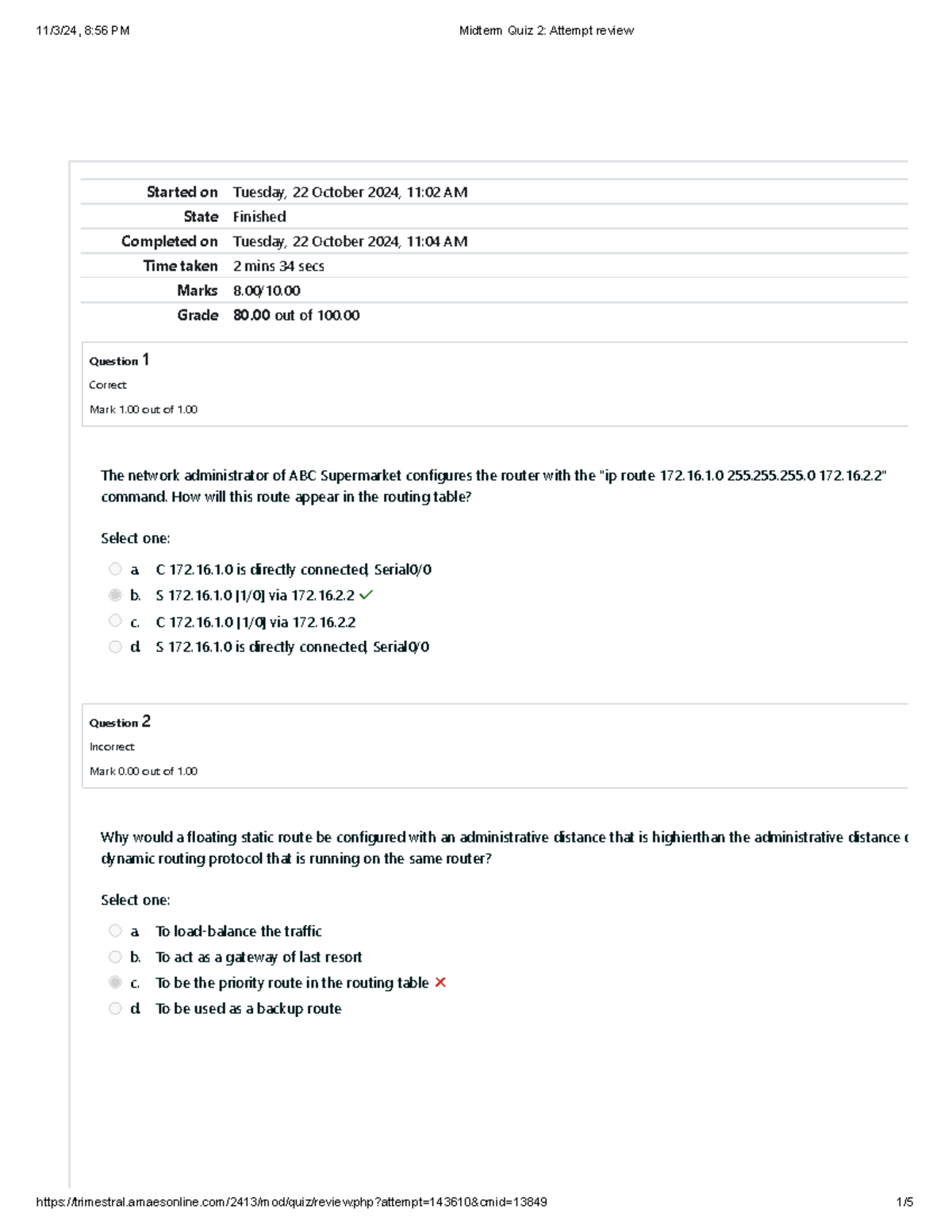 Midterm Quiz 2 Attempt Review for Networking Concepts 2024 - Studocu