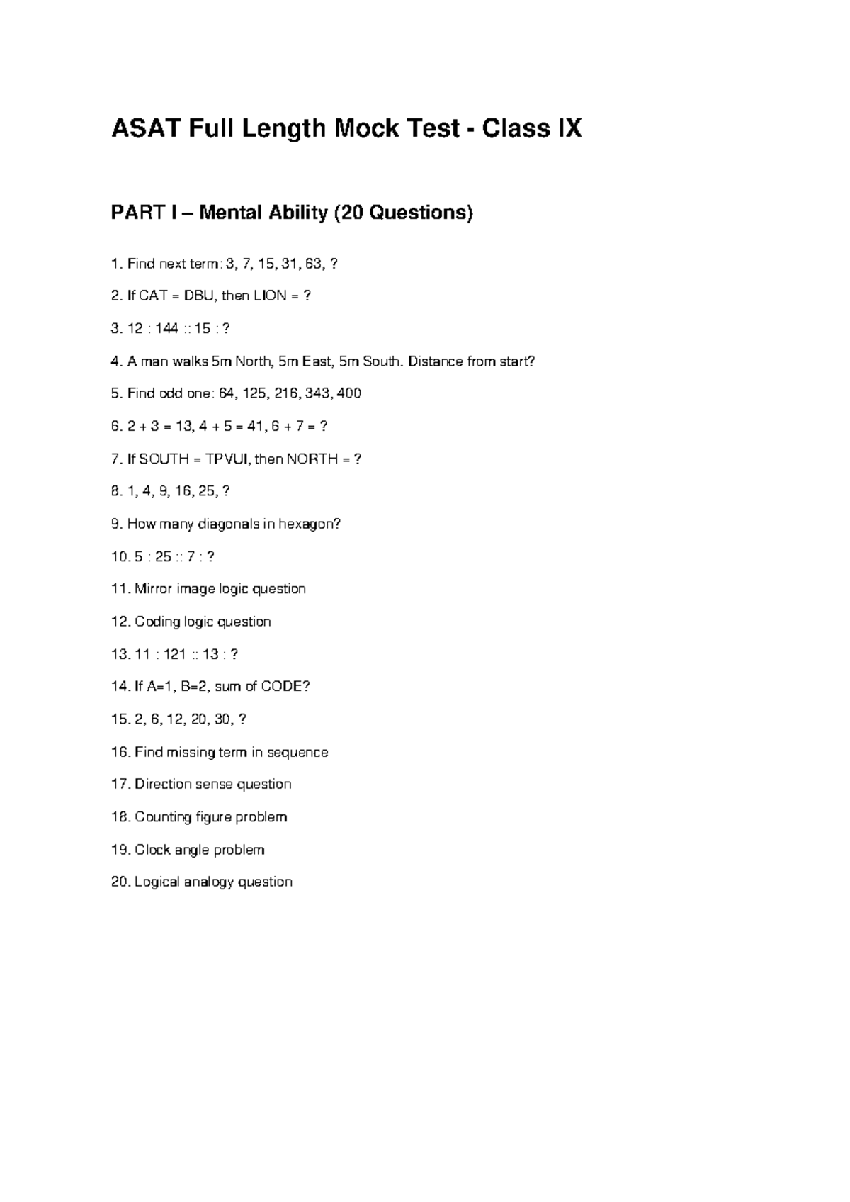 ASAT Class IX Full Length Mock Test - Mental Ability & Science - Studocu