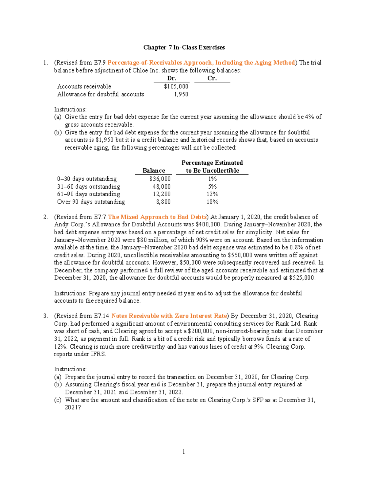Chapter 7 In-Class Exercises and Practical Applications in Accounting ...