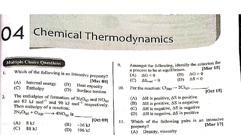 04: Chemical Thermodynamics - Multiple Choice Questions and Answers ...
