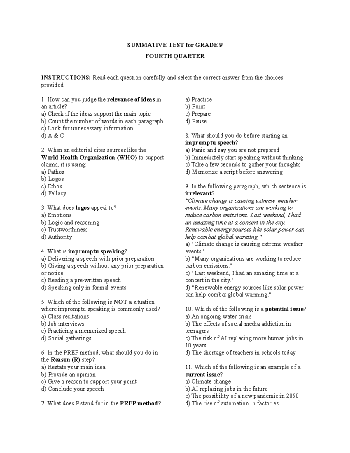 Summative Test for GRADE 9: Fourth Quarter Assessment - Studocu