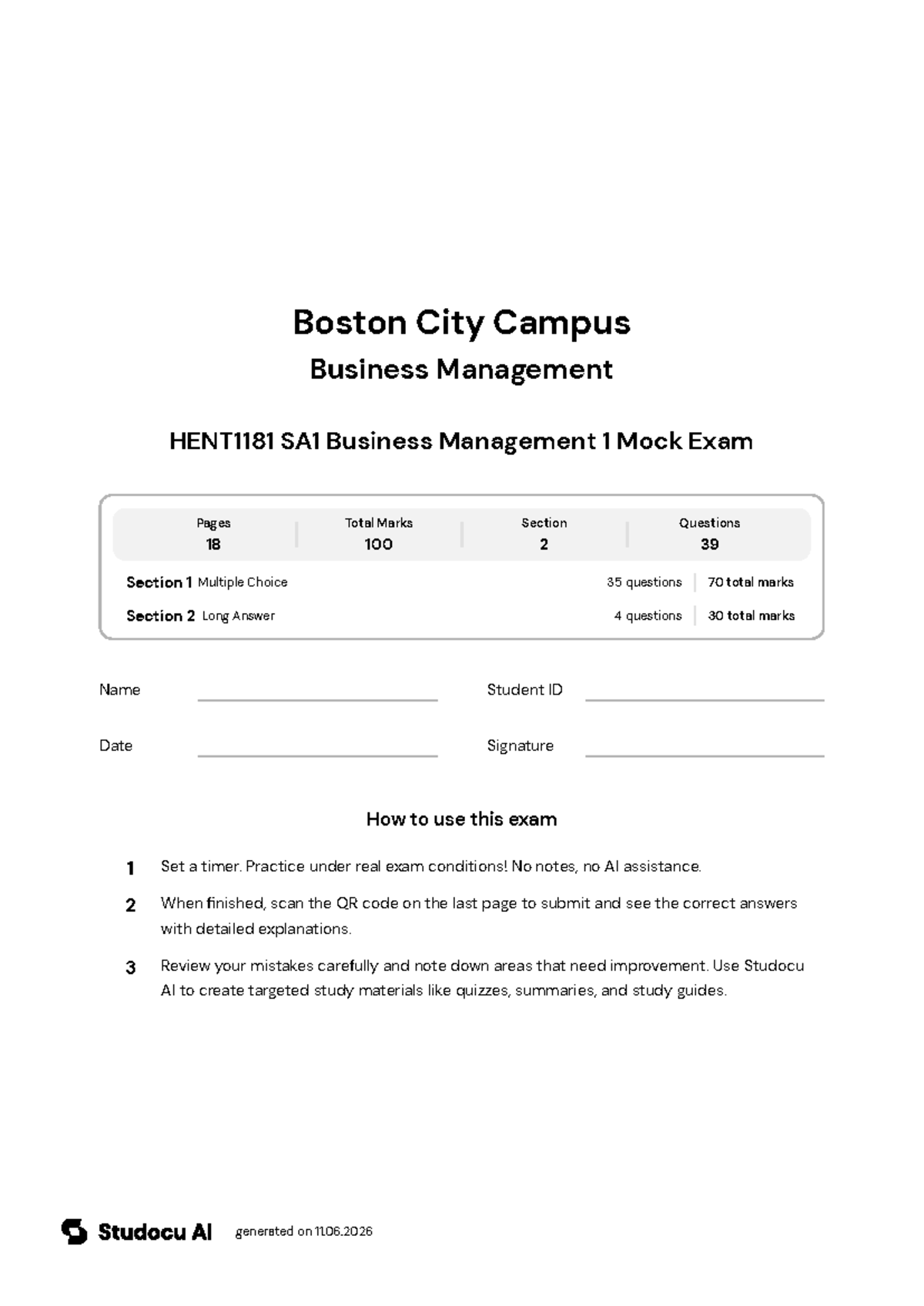 HENT1181 SA1 Business Management 1 Mock Exam - Studocu