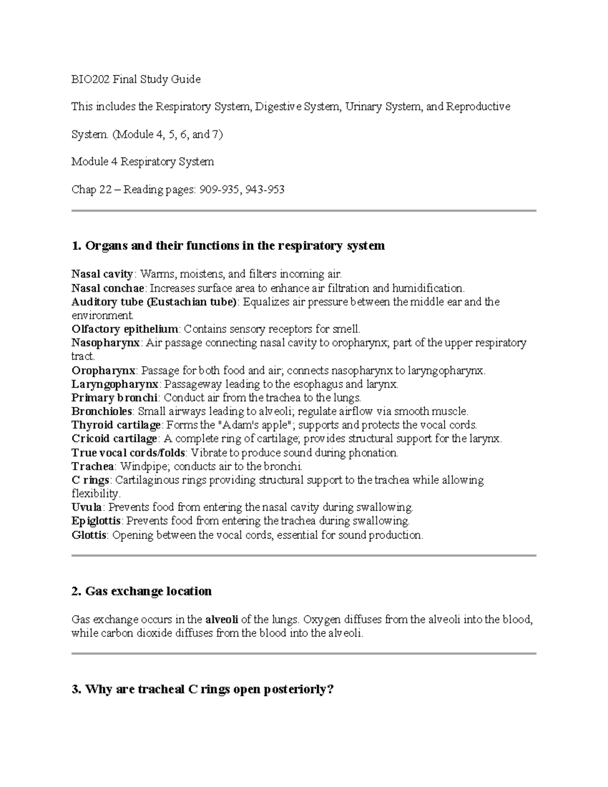 BIO202 Final Study Guide: Respiratory, Digestive, Urinary ...