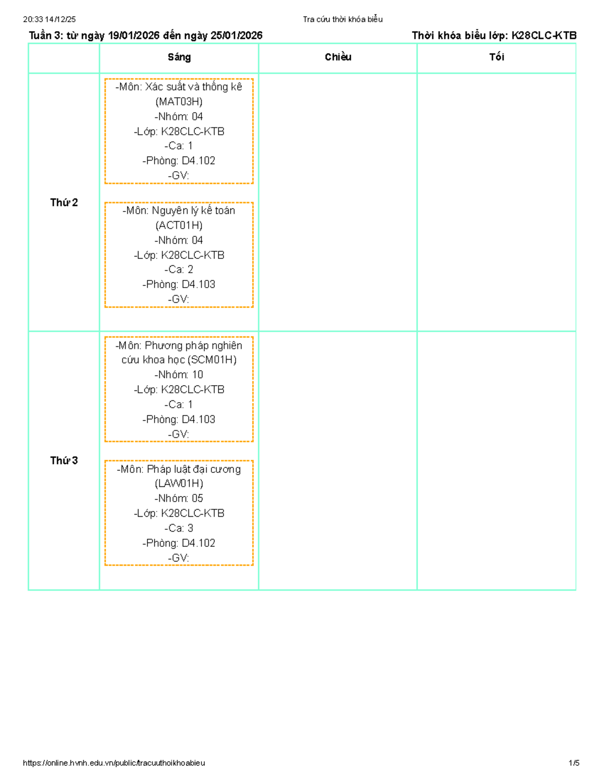 Thời Khóa Biểu Các Môn Học (MAT03H, ACT01H, SCM01H, LAW01H, ENG10H ...