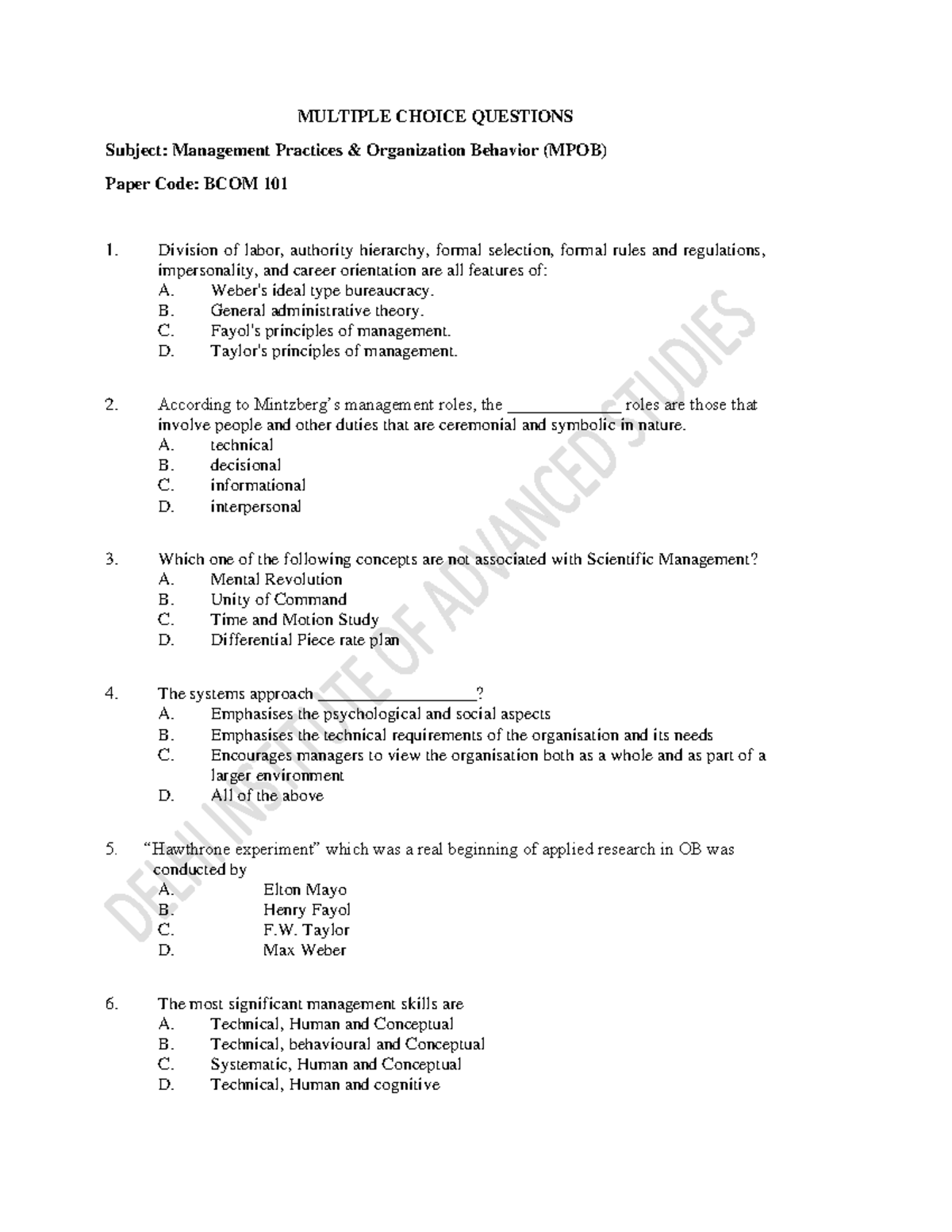 MCQs on Human Resource Management (MPOB) - BCOM 101 - Studocu