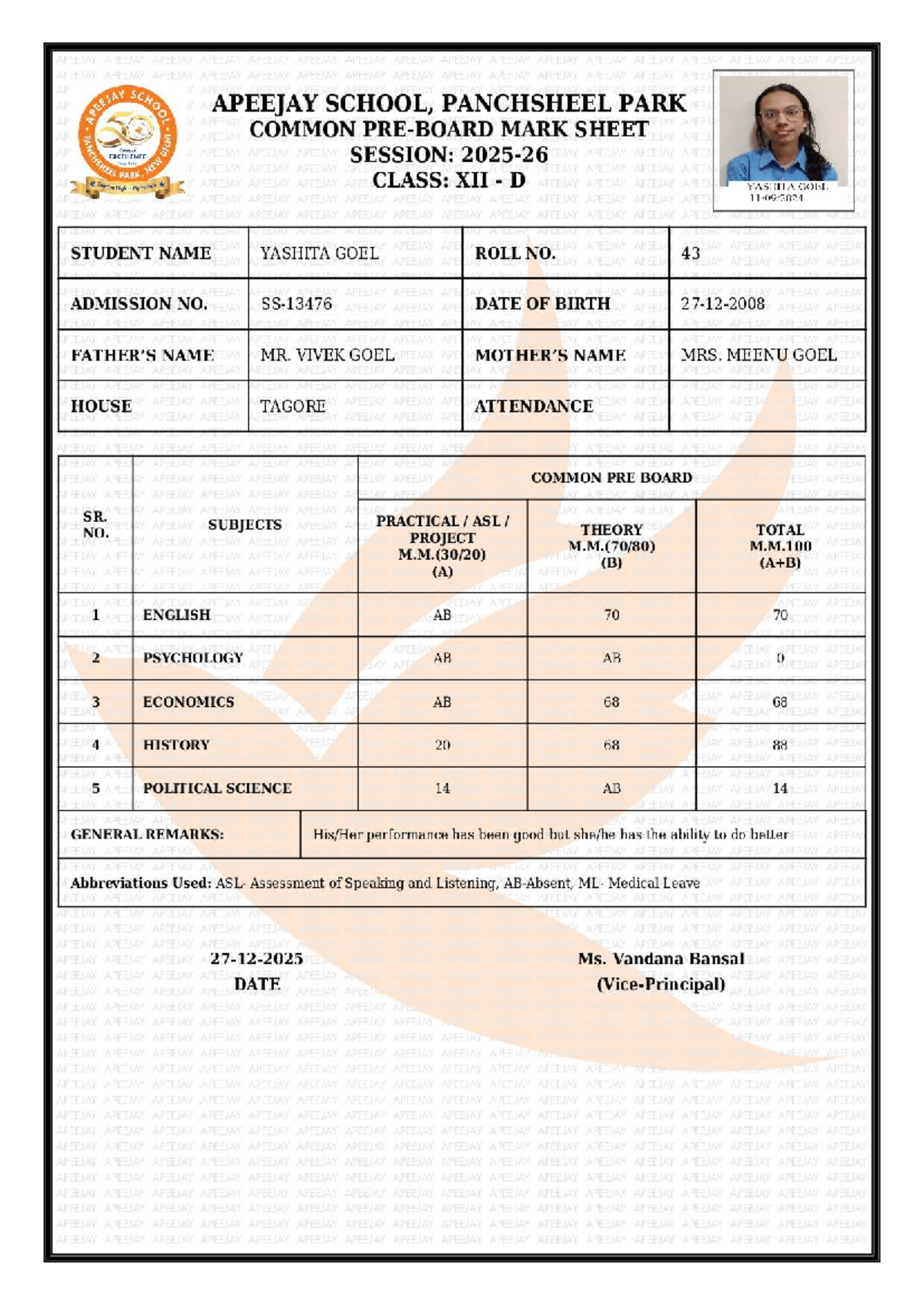 Report Card SS-13476: Term 3 Evaluation for Class XII - Studocu