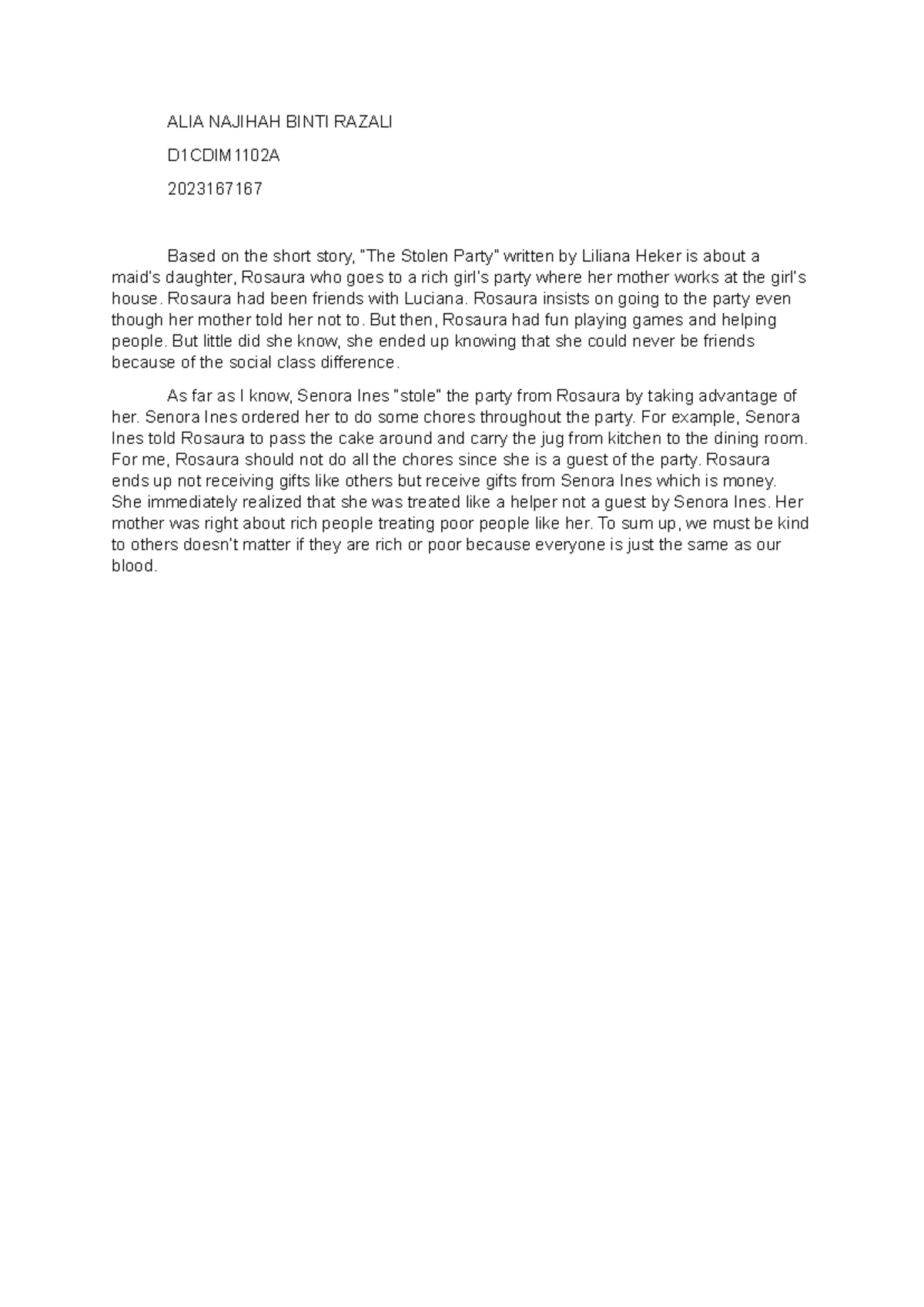 D1CDIM1102A: Analysis of "The Stolen Party" by Liliana Heker - Studocu