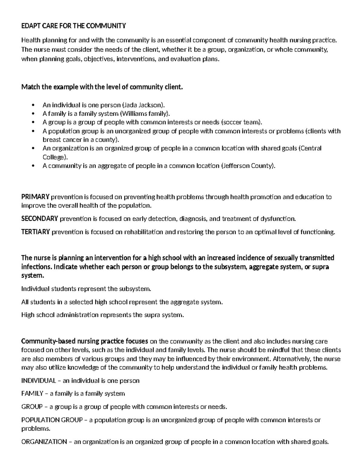 EDAPT CARE: Community Health Planning & Nursing Interventions - Studocu