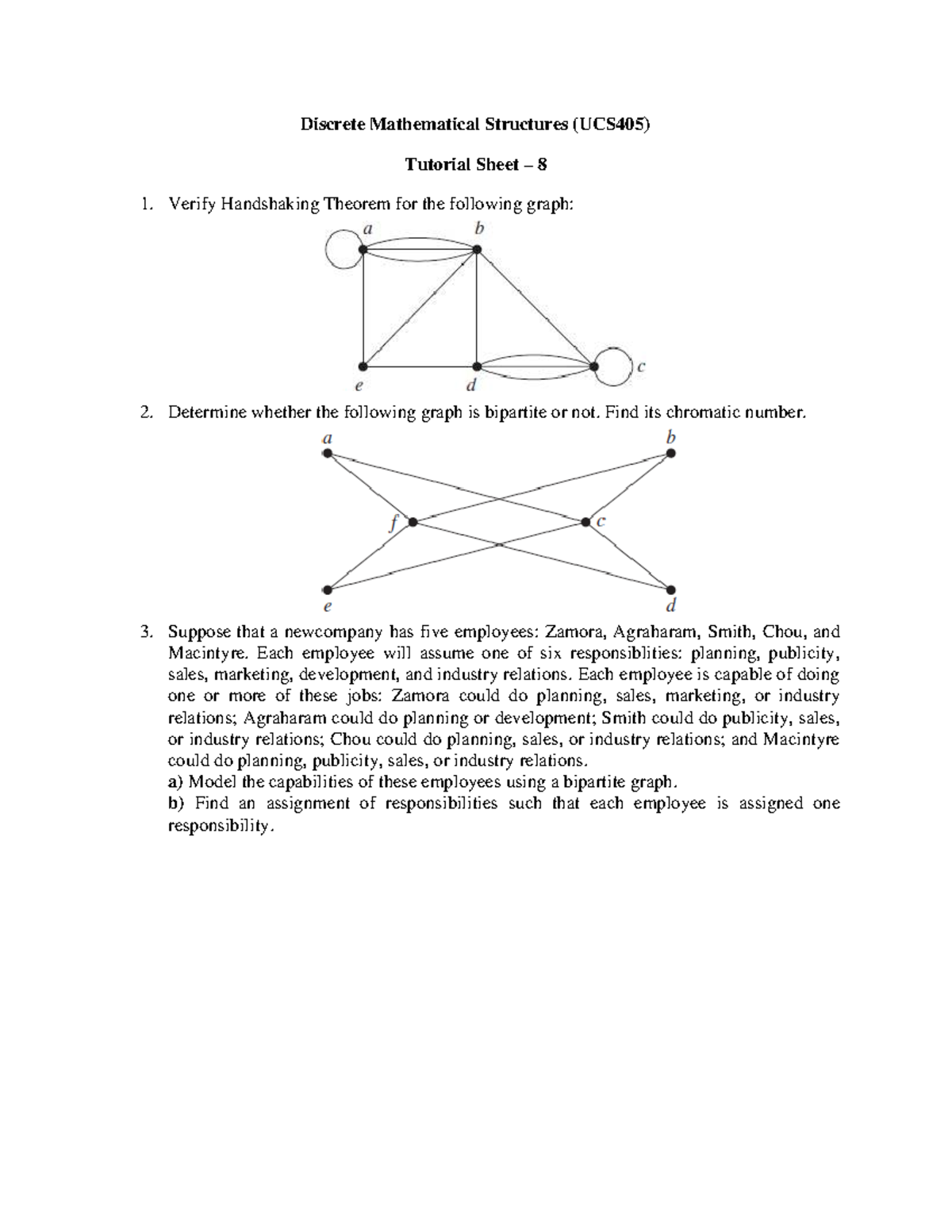 UCS405 Discrete Math Structures Tutorial 8: Graph Theory Problems - Studocu