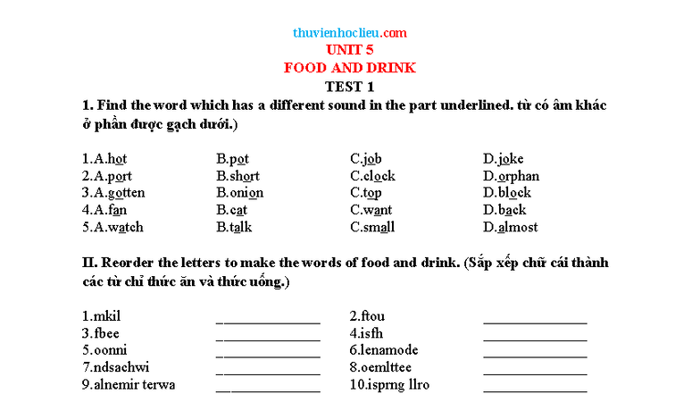 Thuvienhoclieu.com UNIT 5 FOOD AND DRINK TEST 1-3 Answers and Exercises ...
