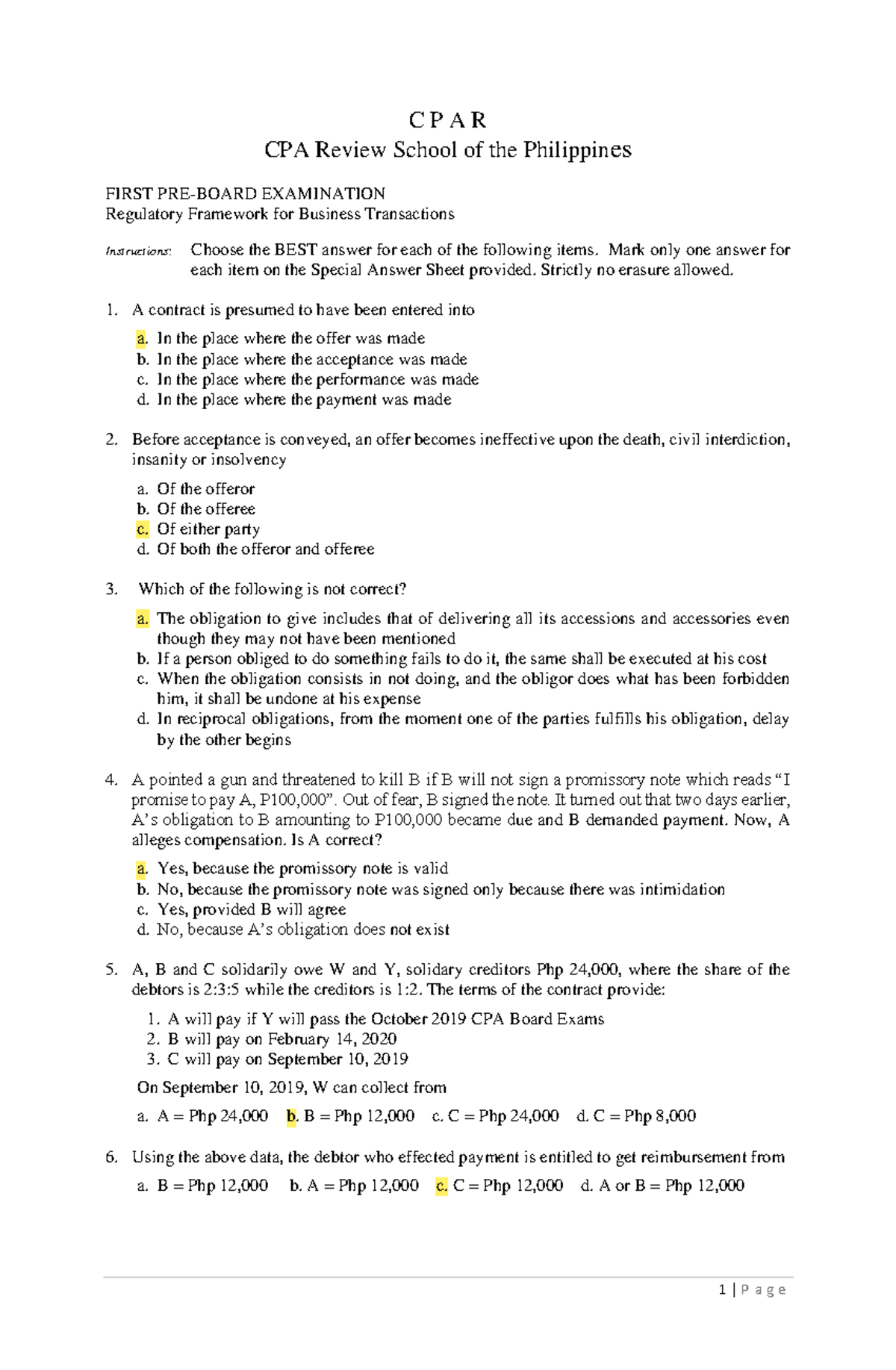 CPAR CPA Review: First Exam on Regulatory Framework for Business ...