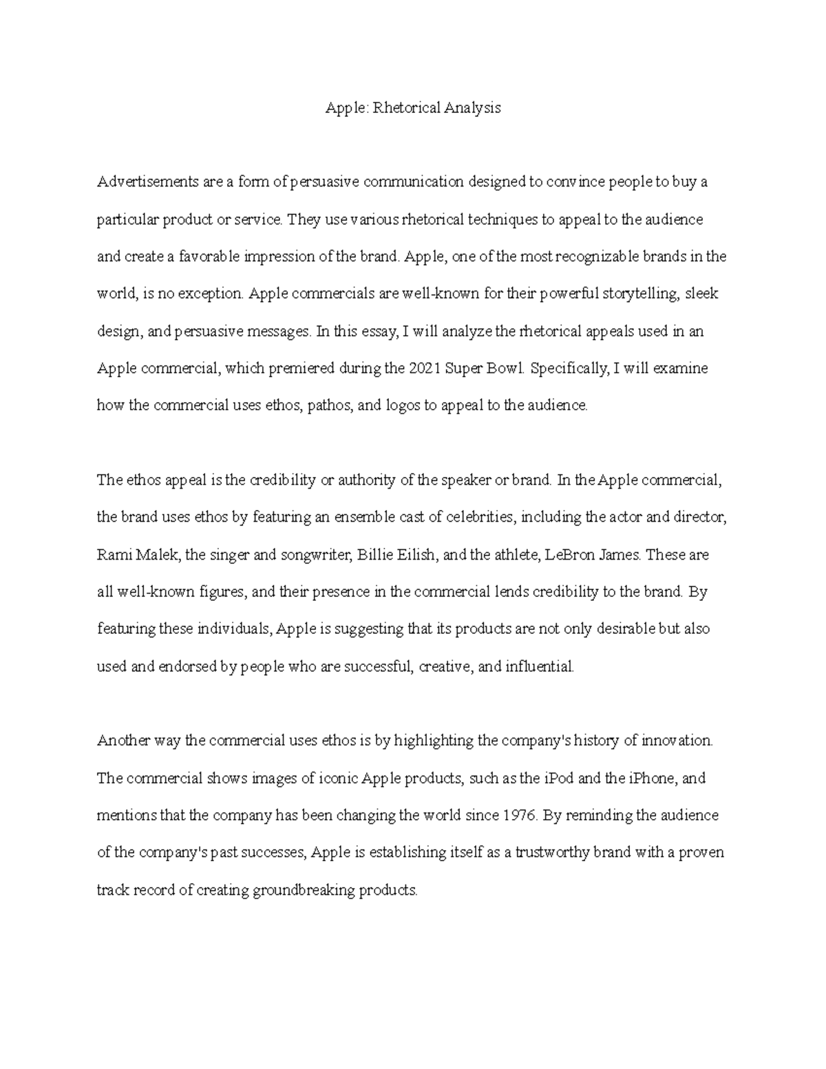 ENGL2000 Rhetorical Analysis of Apple Commercial Essay - Studocu