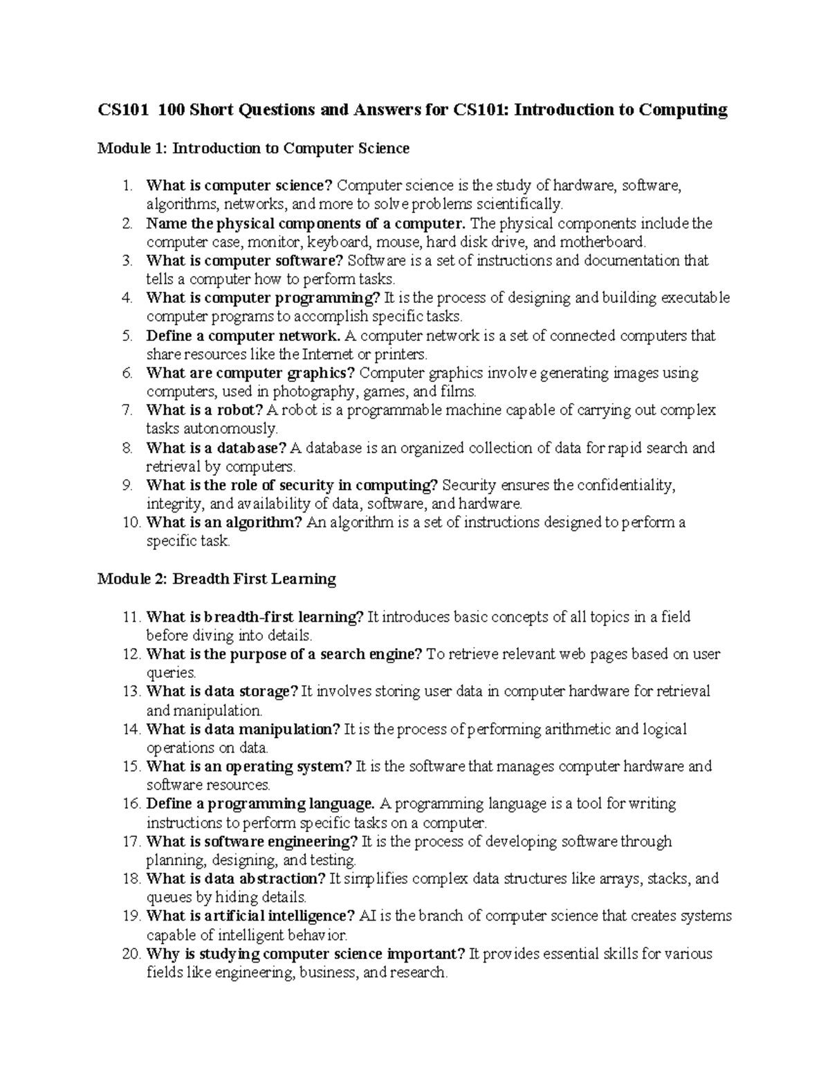 CS101 Short Q&A Compilation for Introduction to Computing - Studocu