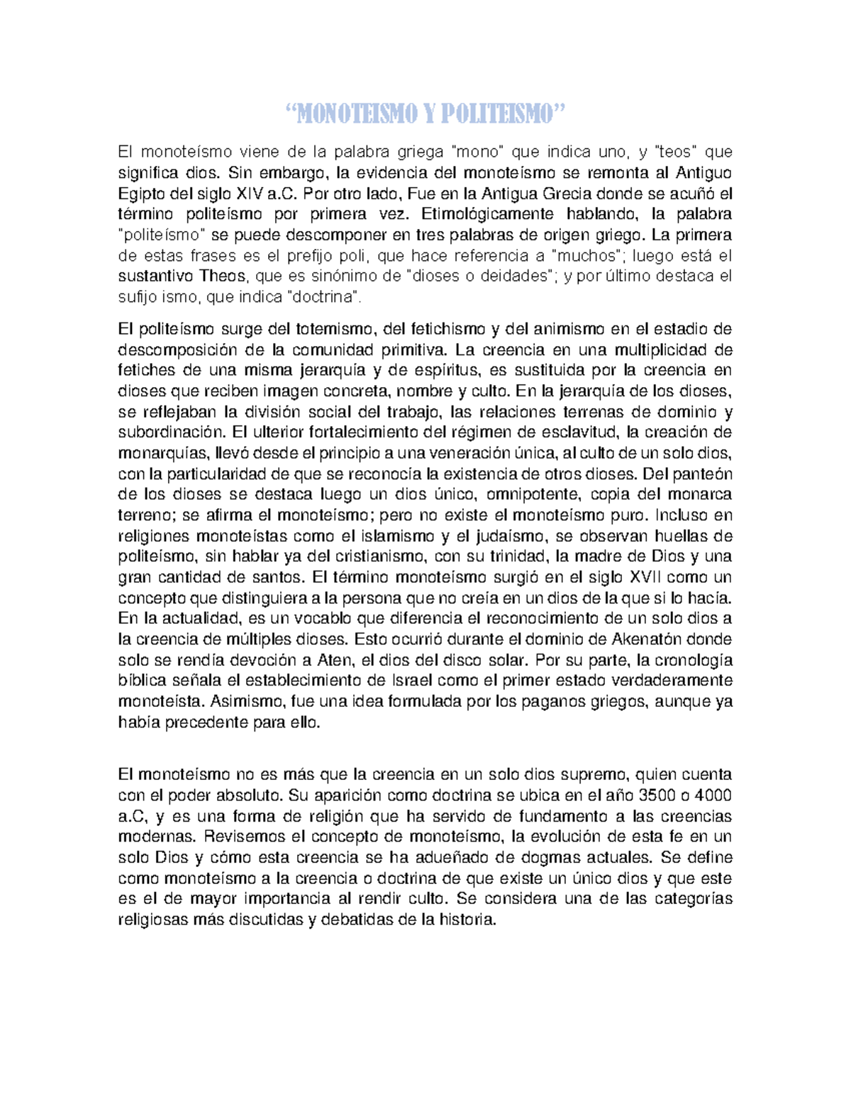 Monoteísmo y Politeísmo: Conceptos y Evolución Religiosa - Studocu