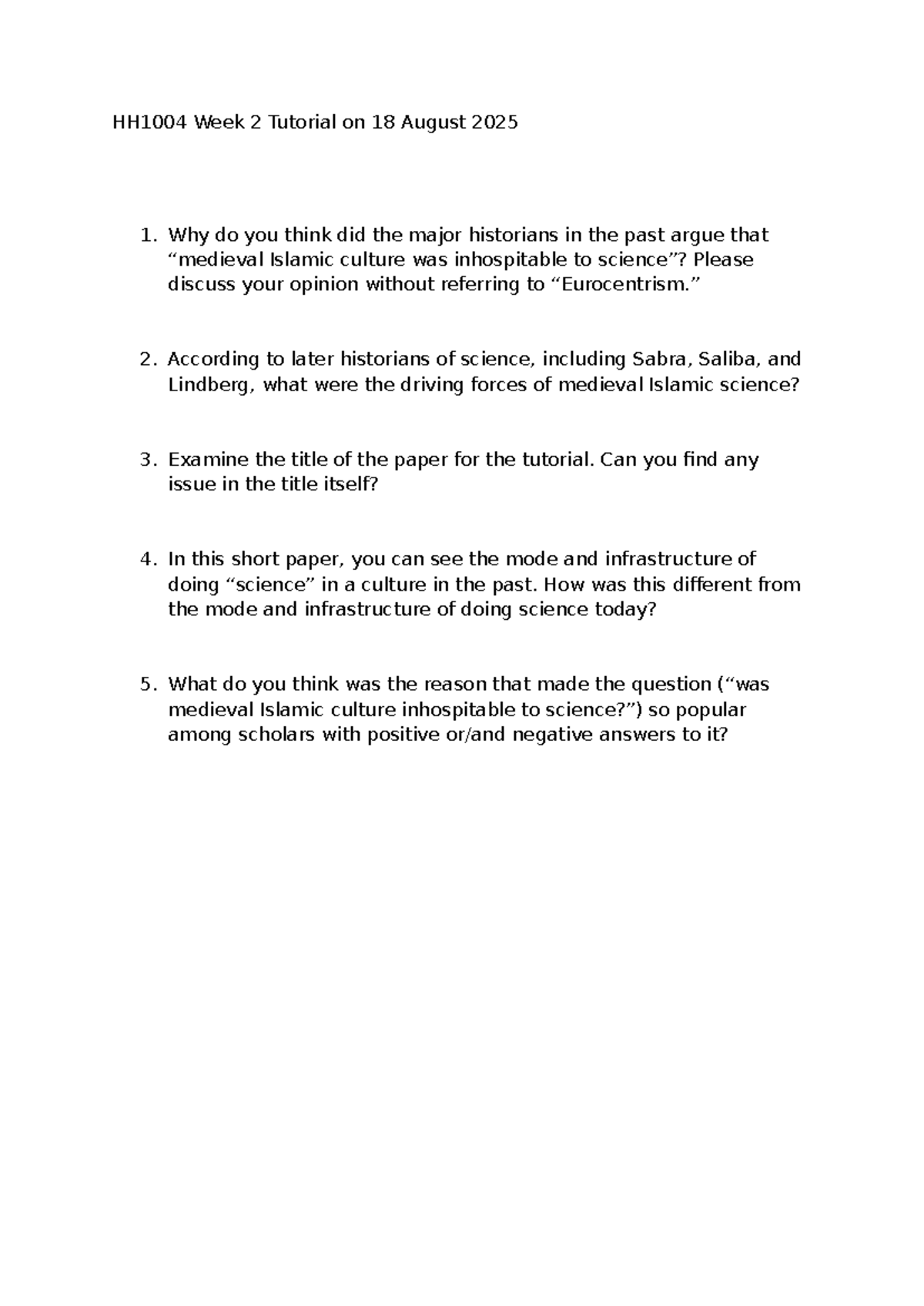 HH1004 Week 2 Tutorial Questions on Islamic Culture and Science - Studocu