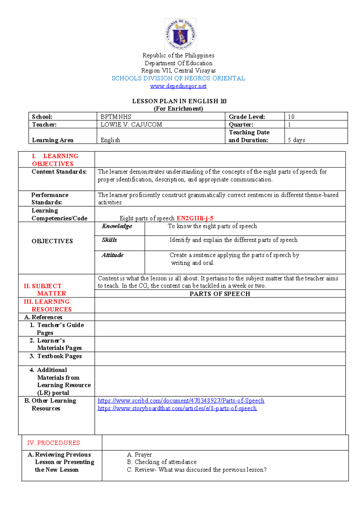 ENGLISH 10: Lesson Plan on 8 Parts of Speech for Enrichment - Studocu
