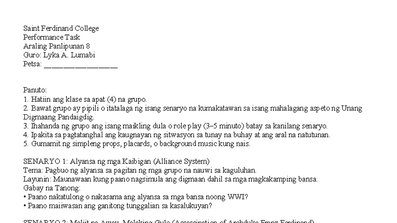 Performance Task: Mga Aral ng Unang Digmaang Pandaigdig (Araling ...