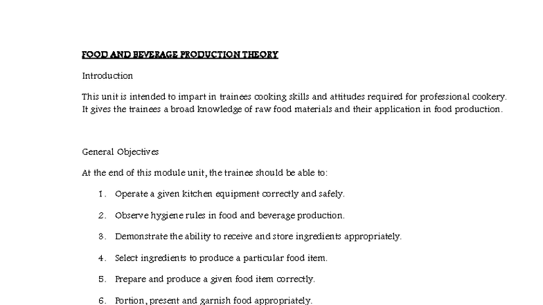 FOOD AND BEVERAGE PRODUCTION THEORY: Key Concepts and Practices - Studocu