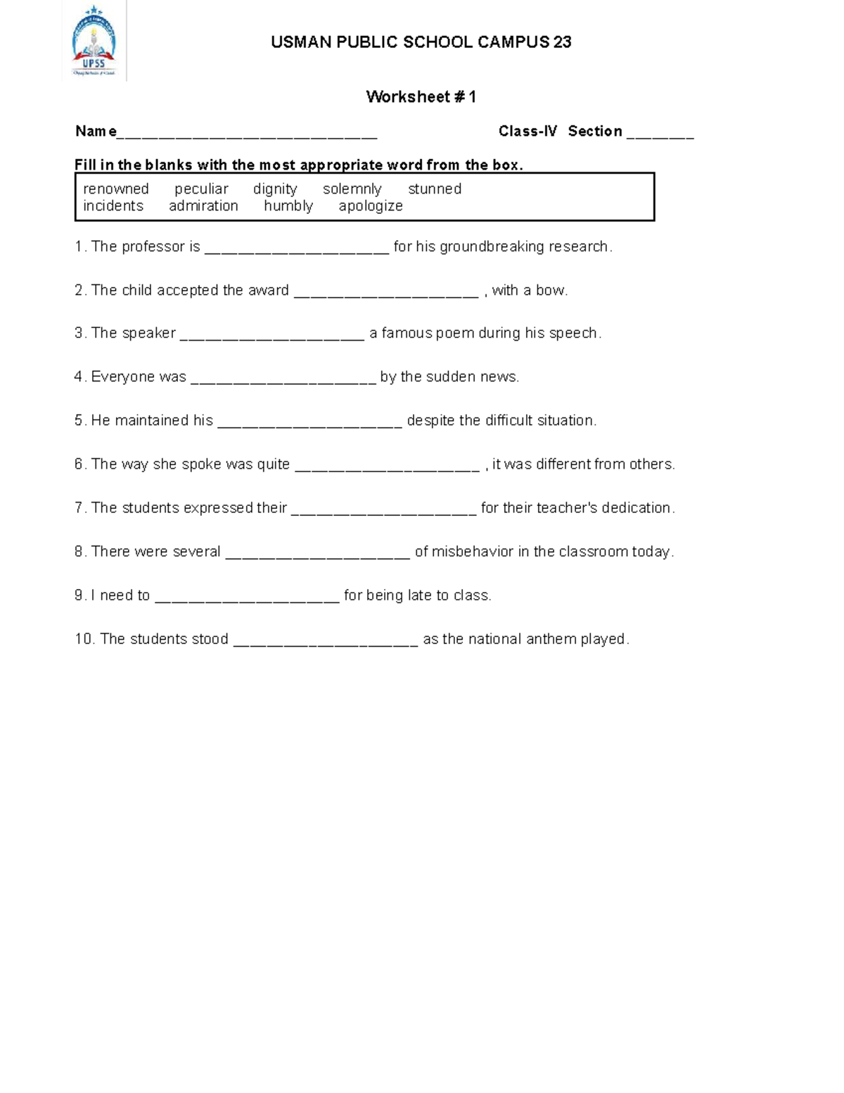 USMAN PUBLIC SCHOOL CAMPUS 23 English Worksheets for Class 4 - Studocu
