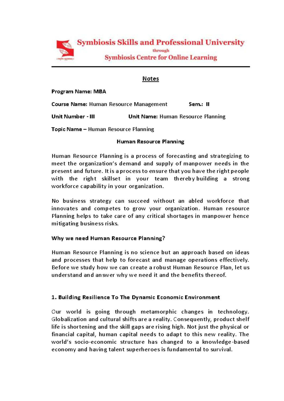 Human Resource Planning Insights - MBA HRM II Unit III Notes - Studocu