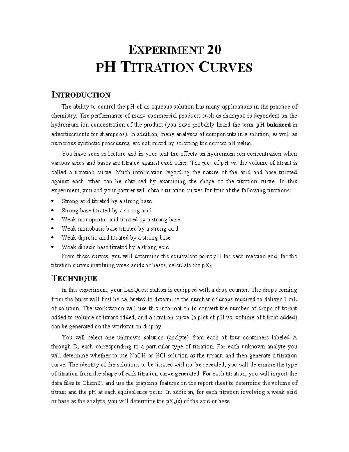 Experiment 20: pH titration curves and analysis techniques - Studocu