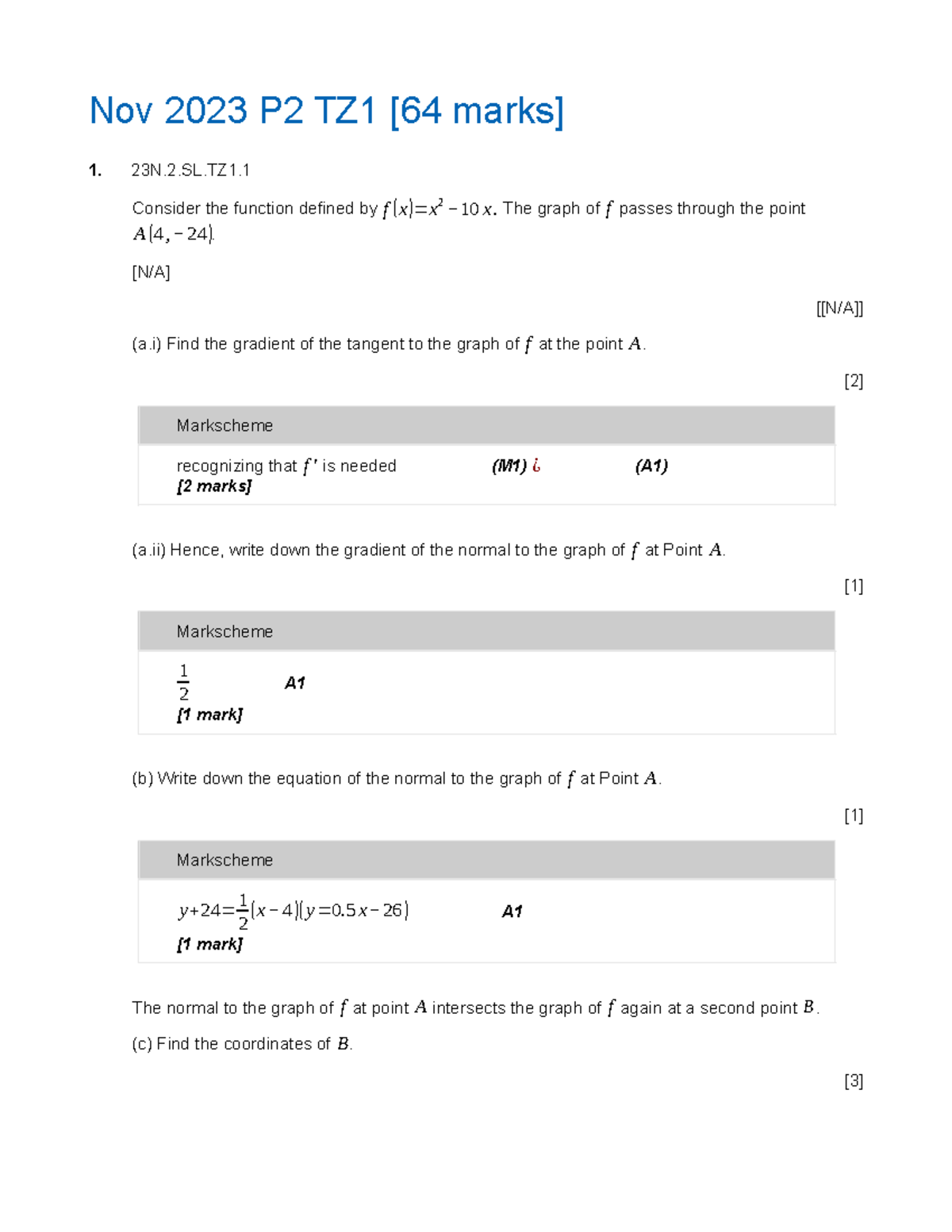 Nov 2023 P2 TZ1 Mathematics Exam Solutions and Markscheme - Studocu