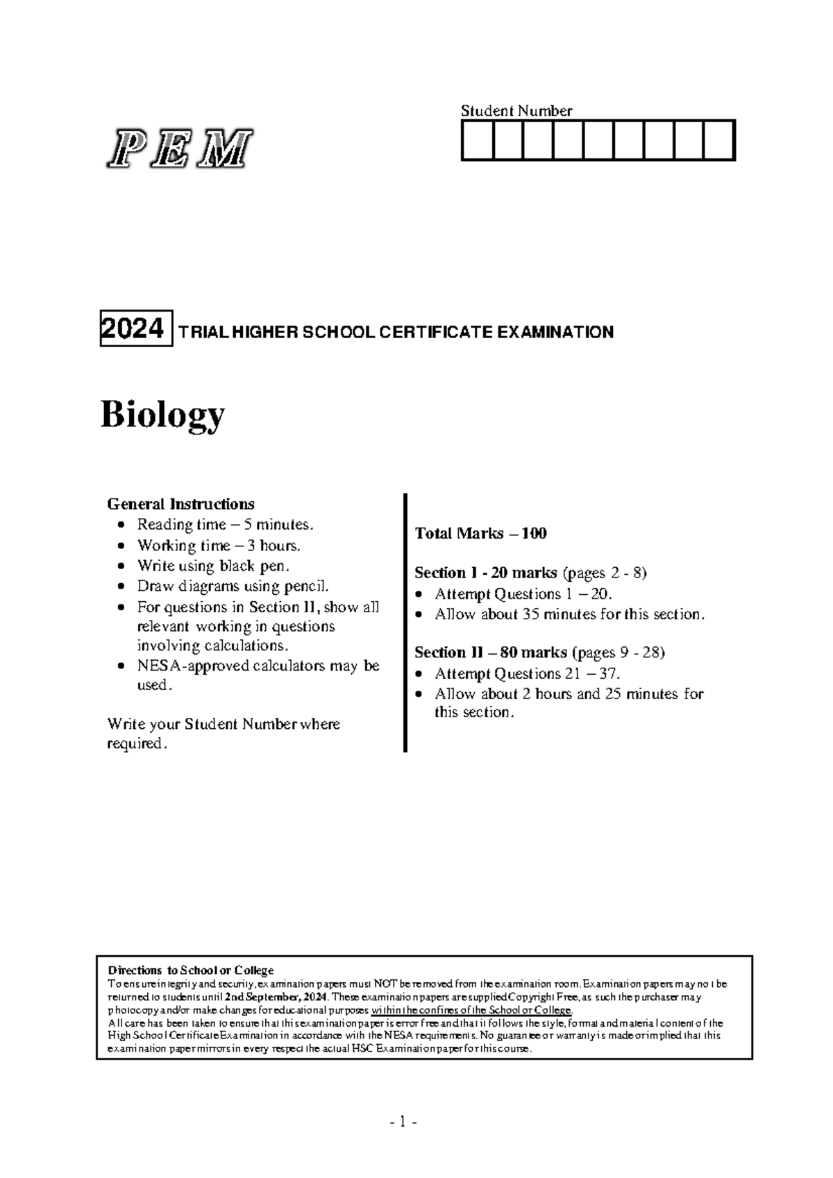 PEM 2024 Biology Trial HSC Exam Paper and Student Instructions - Studocu