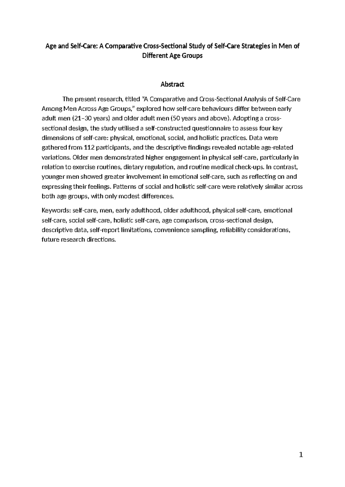 Comparative Study of Self-Care Strategies in Men by Age Groups - Studocu