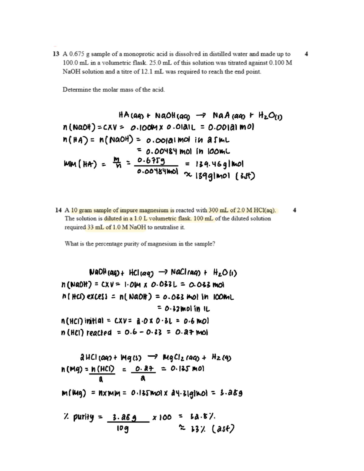 Mod 5 - Molar Mass of Monoprotic Acid & Purity of Mg Sample - Studocu