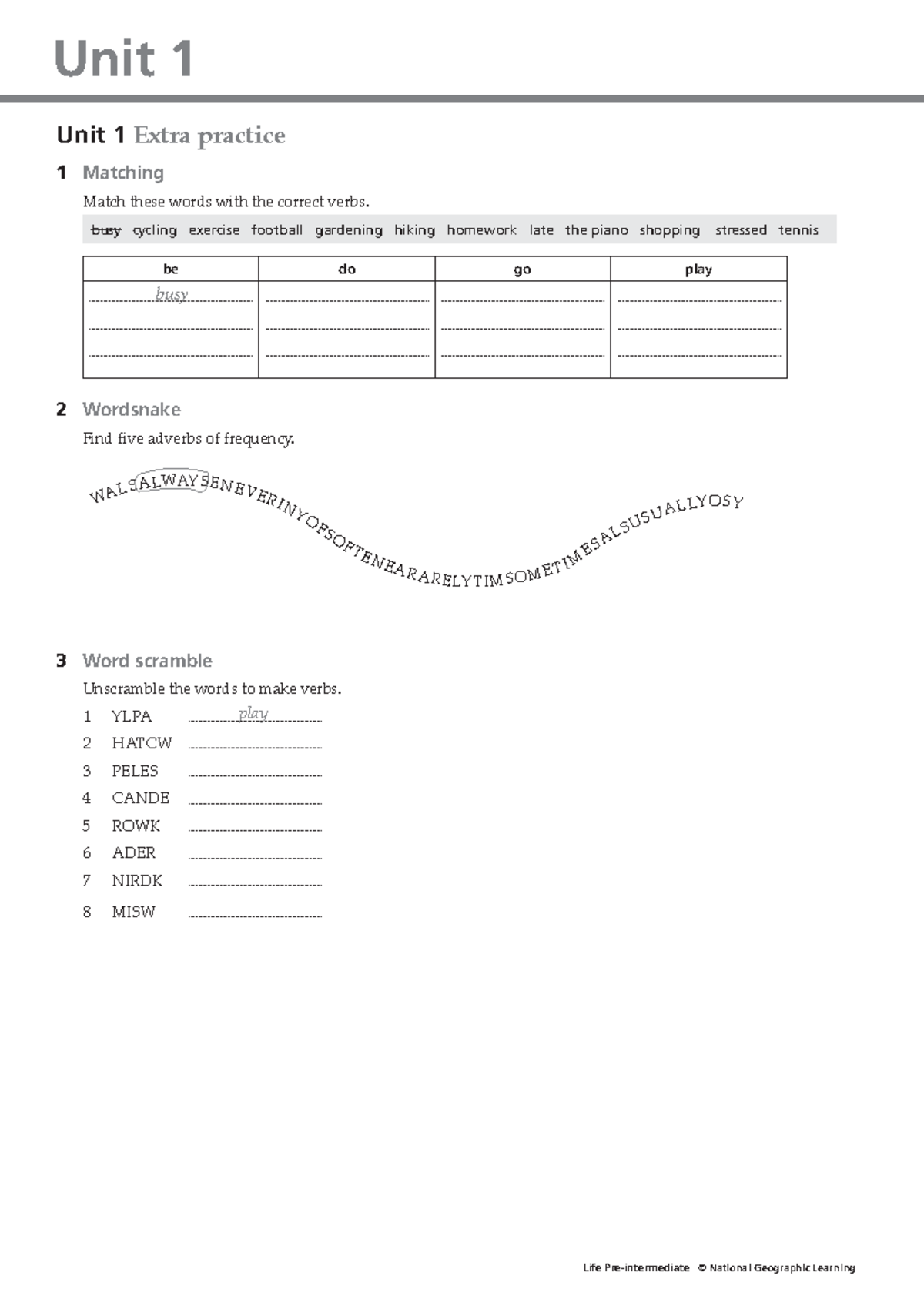 Pre Unit1 Extra Practice - Unit 1 Life Pre-intermediate © National ...