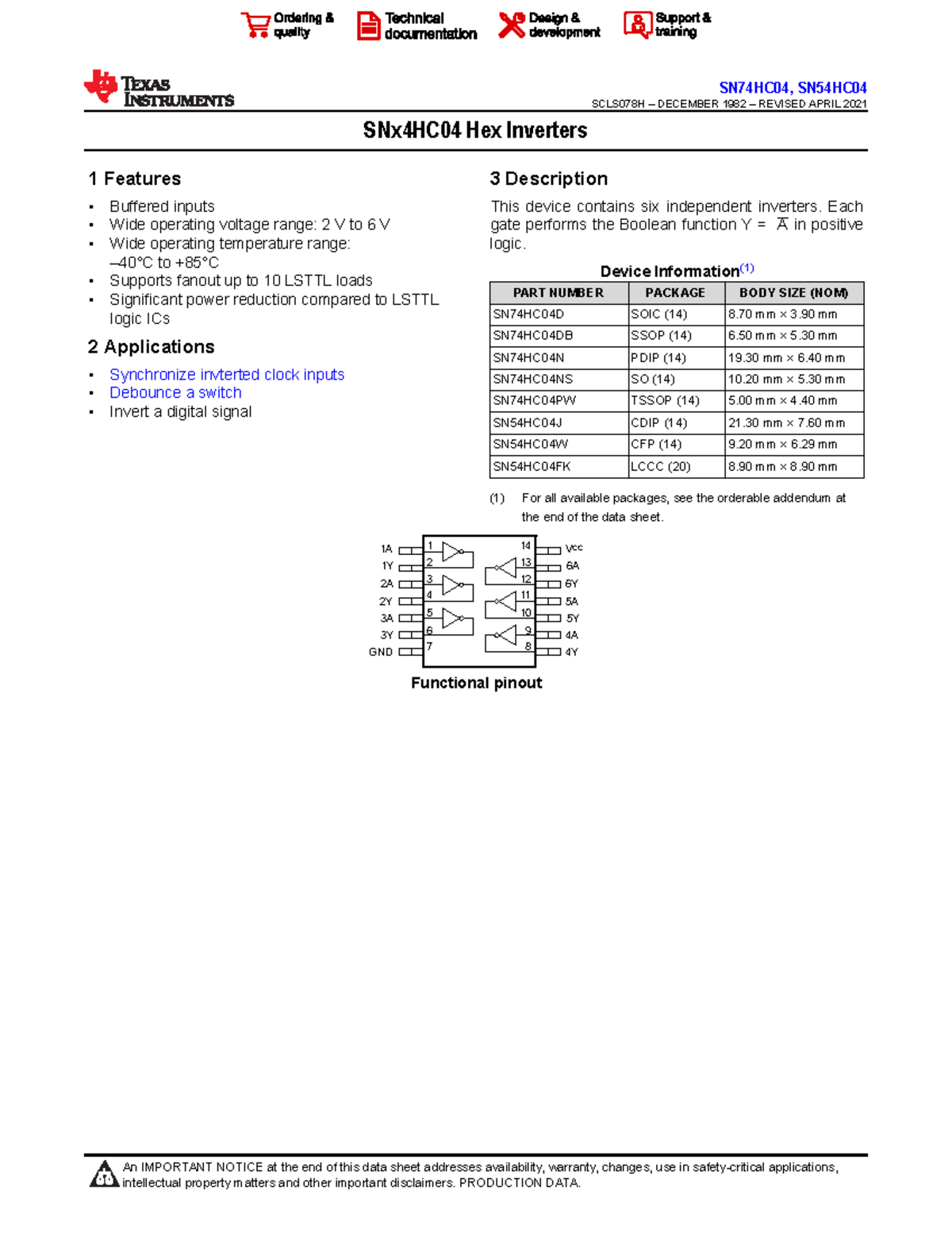 SN74HC04 & SN54HC04 Inverter Datasheet Overview (SCLS078H) - Studocu