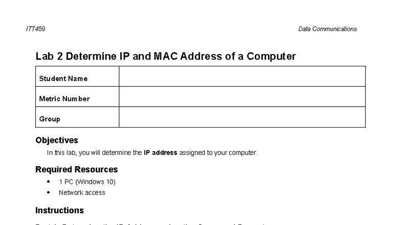 ITT459 Lab 2: Determine IP and MAC Address Configuration - Studocu