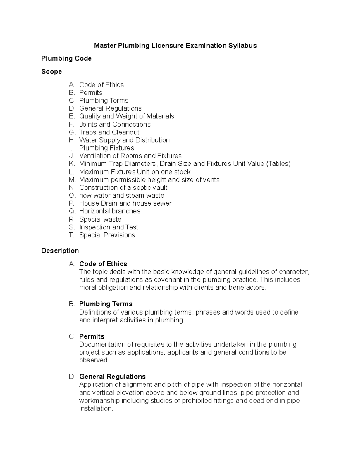 Master Plumbing Licensure Exam Syllabus Overview and Key Topics - Studocu