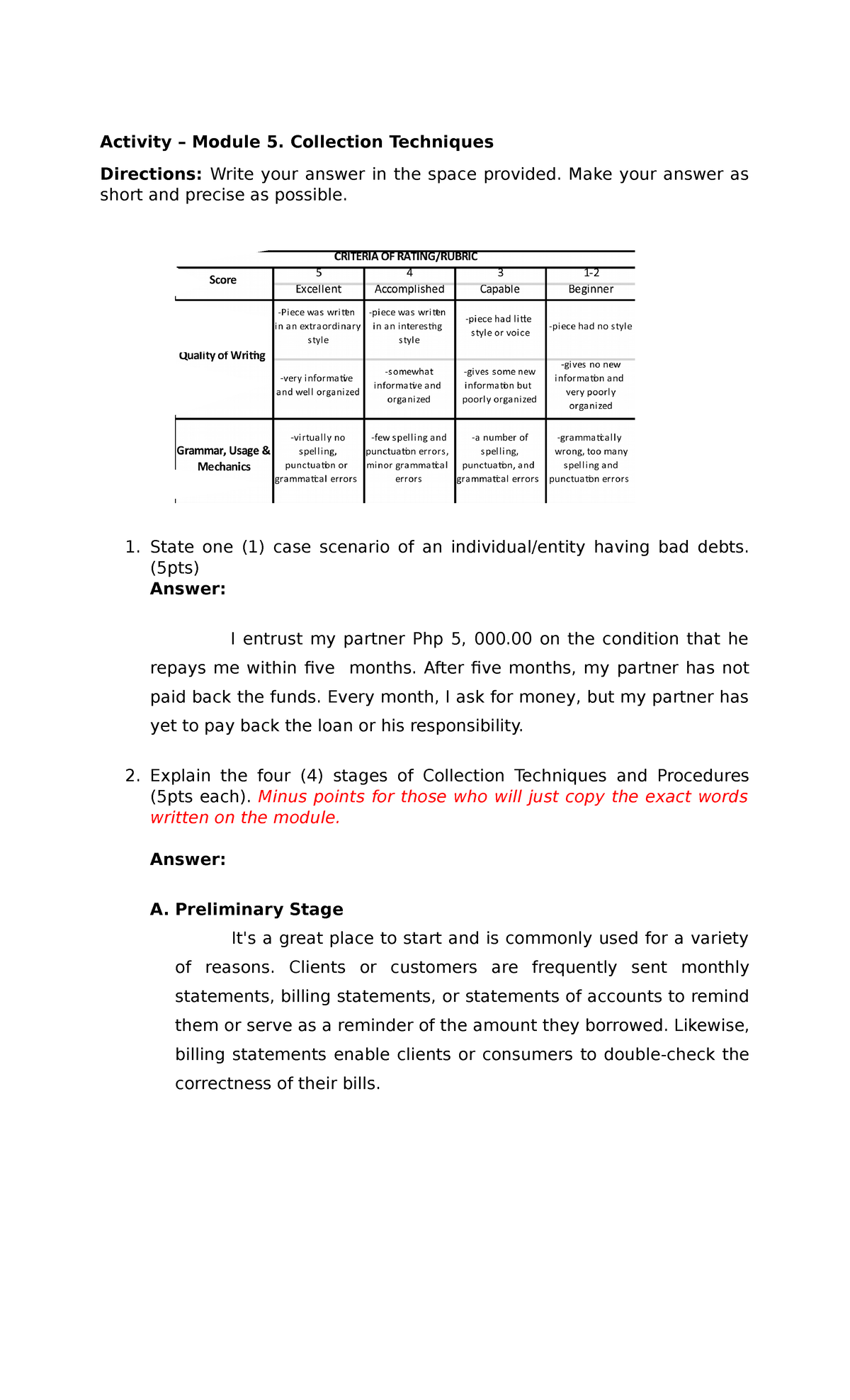 Activity Credit AND Collection - Activity – Module 5. Collection ...