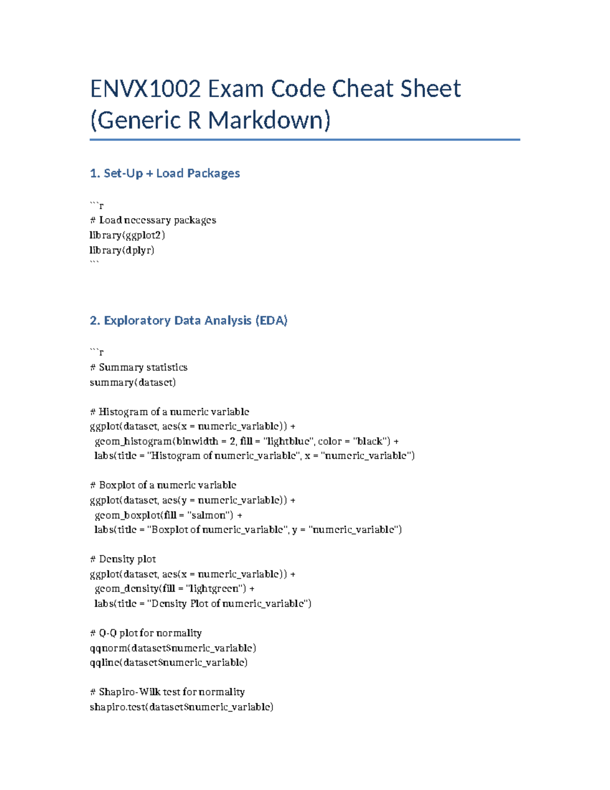 ENVX1002 Final Exam Cheat Sheet: EDA & Hypothesis Testing Guide - Studocu