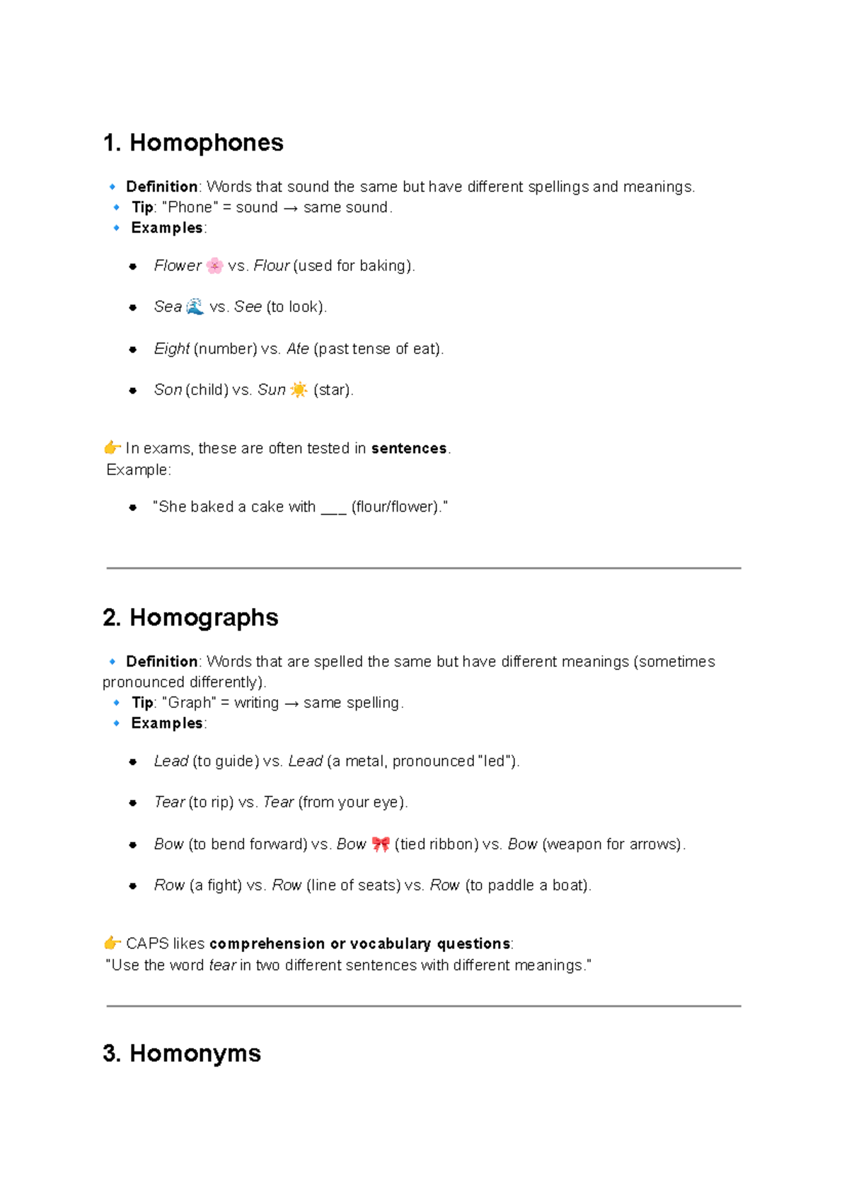 English Notes on Homophones, Homographs, and Homonyms - Studocu