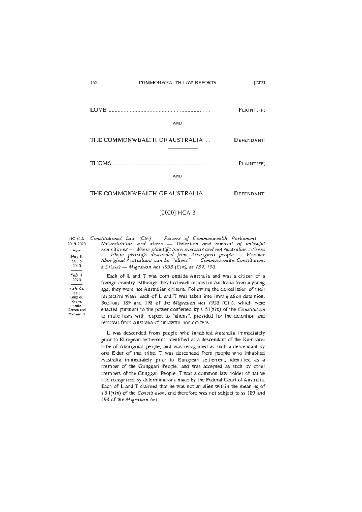 Love v Commonwealth: Constitutional Law and Aboriginal Australians (HCA ...
