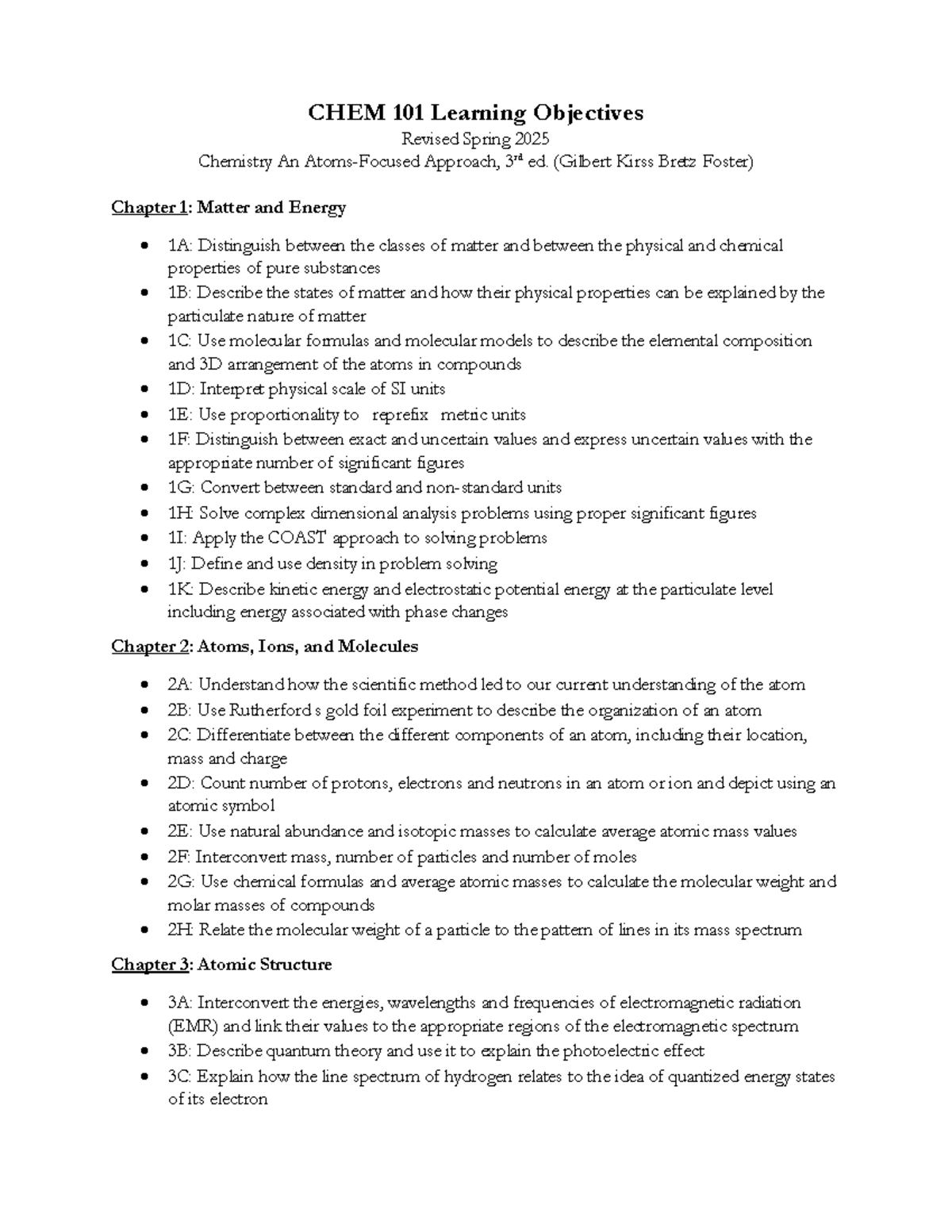 Chemistry 101: Learning Objectives for Chapters 1-9 (Revised Spring ...