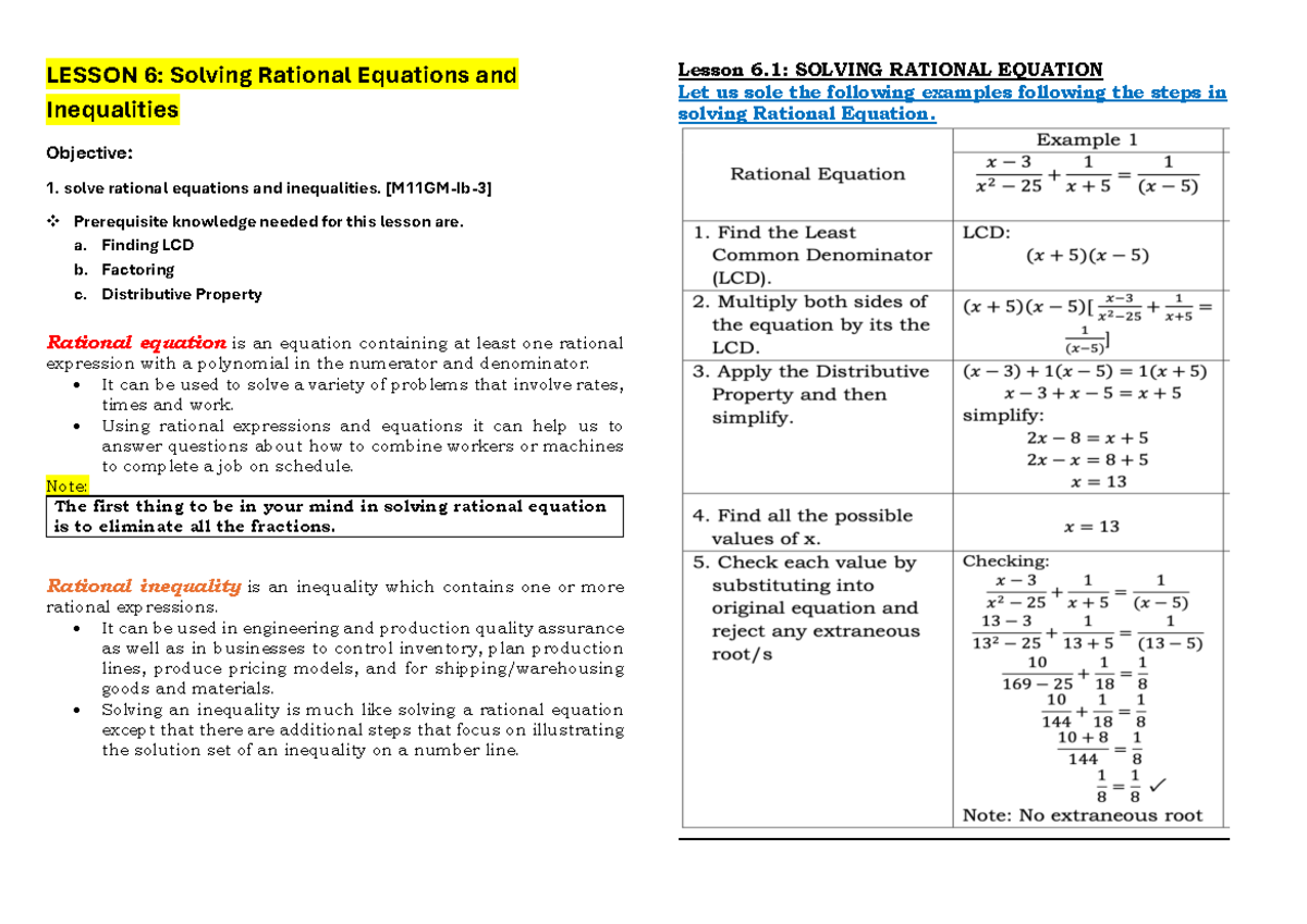 LESSON 6: Solving Rational Equations & Inequalities - Studocu