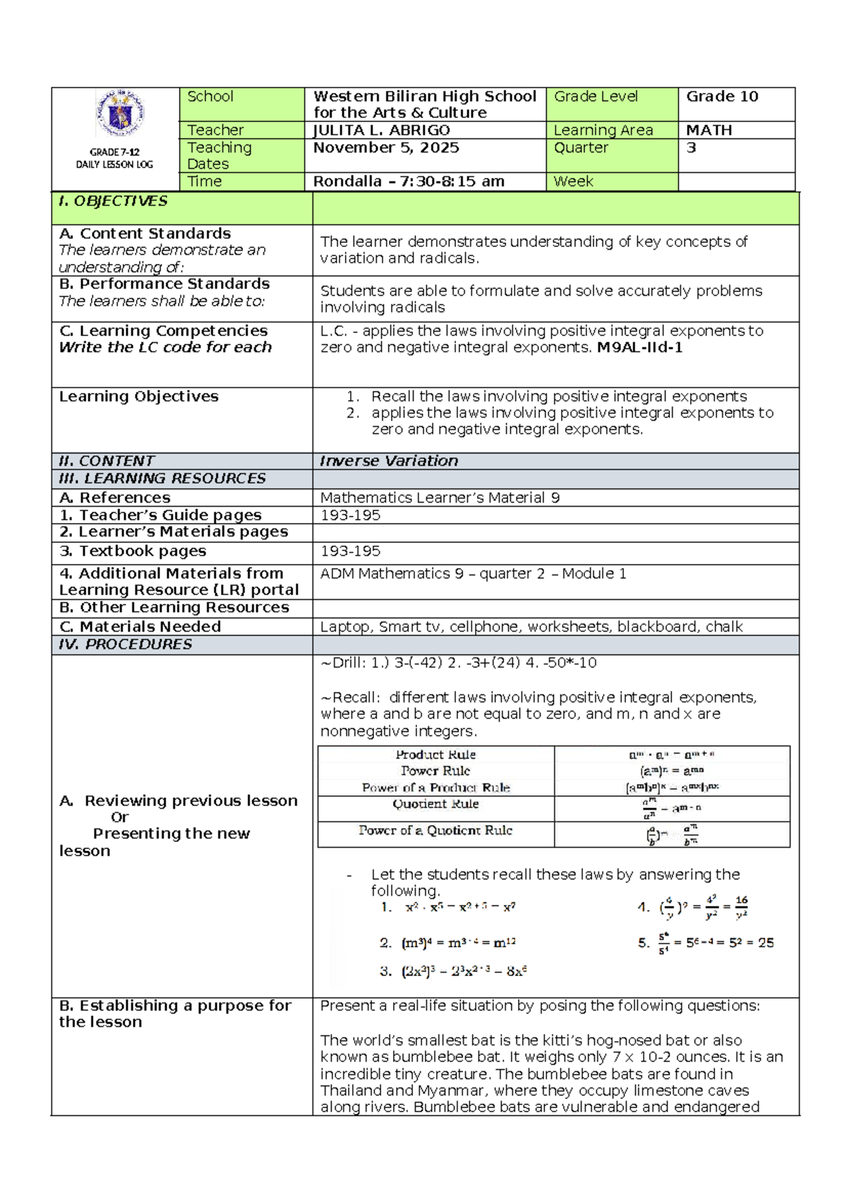 DLP 1: Understanding Zero and Negative Exponents in Math 10 - Studocu