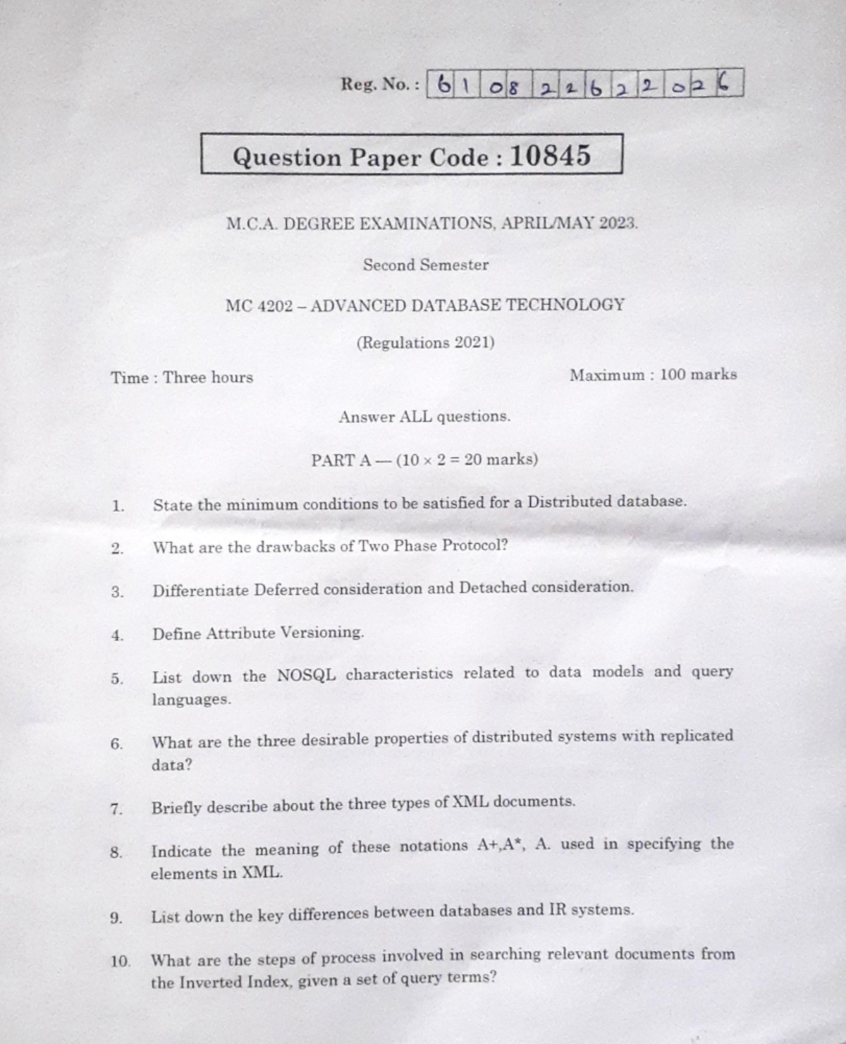 MC4202 ADT APRI-MAY 2023 - Reg. No.: 610822622026 Question Paper Code : 10845 M.C. DEGREE - Studocu