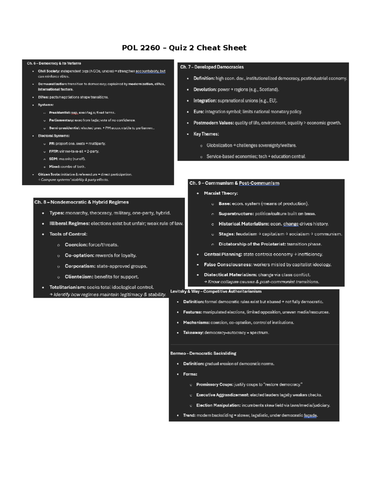POL 2260 Quiz 2 Cheat Sheet: Democracy, Regimes & Backsliding - Studocu