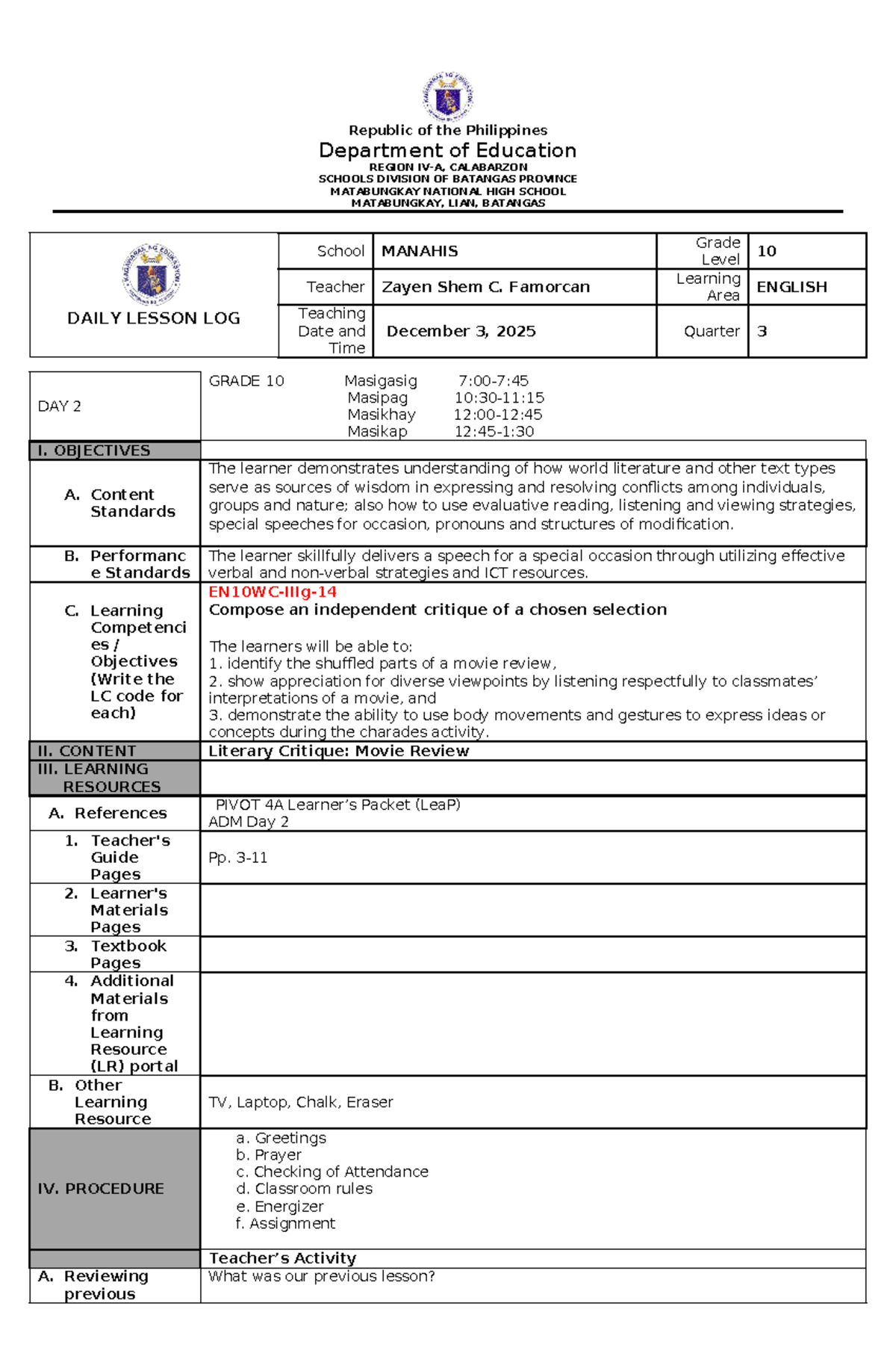 Grade 10 Daily Lesson Log: English Lesson Plan Day 2 - Studocu