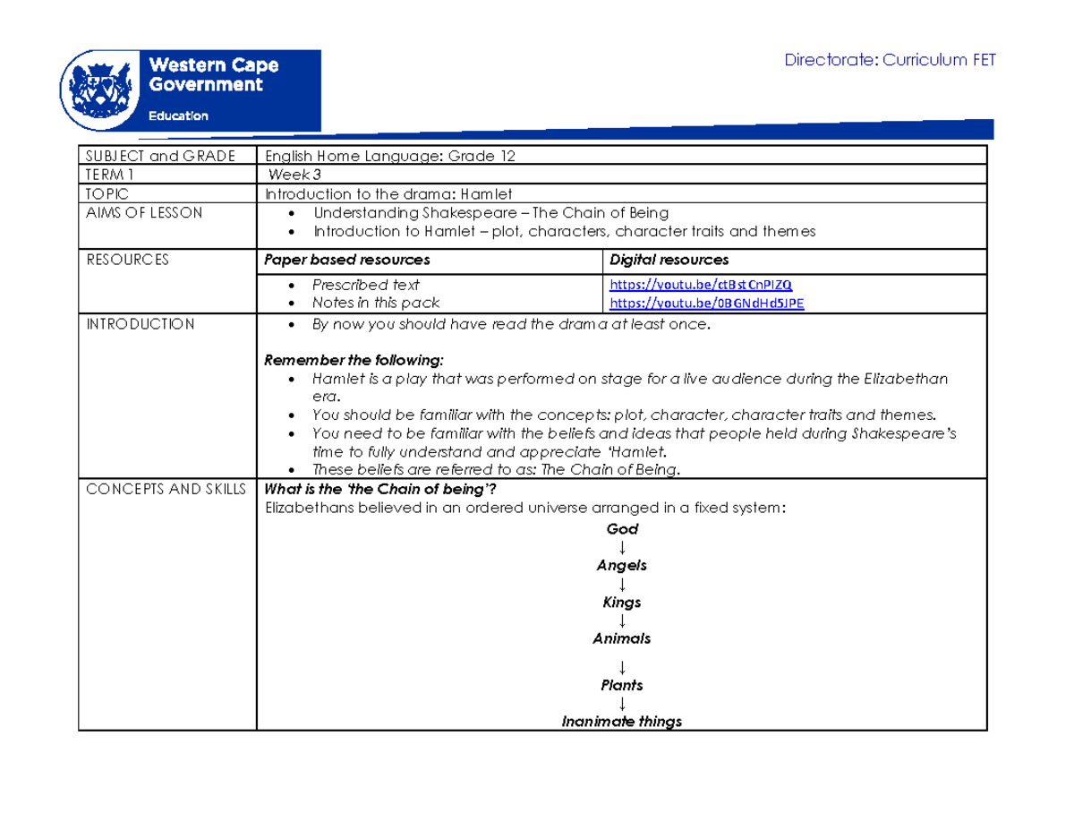 English HL Grade 12 Term 1 Week 3: Introduction to Hamlet and Themes ...