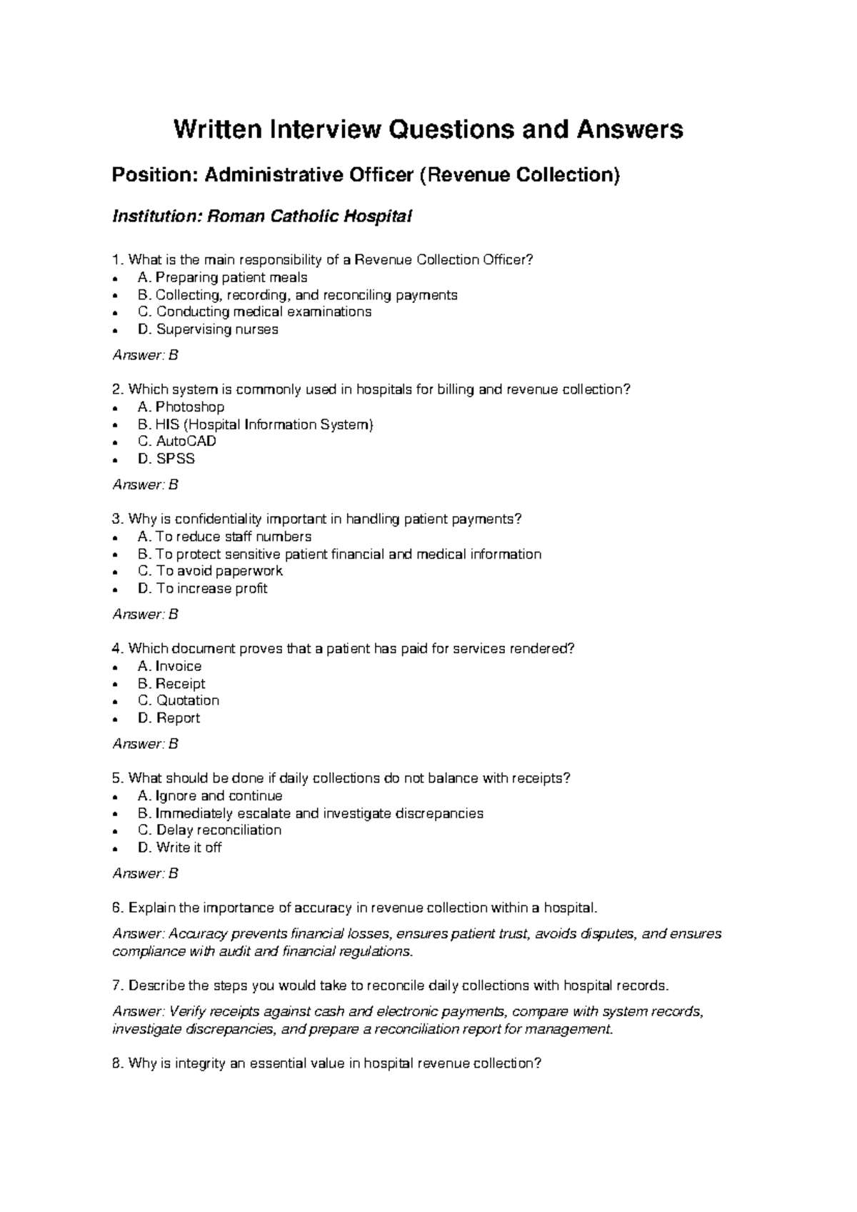 Admin Officer (Revenue Collection) Interview Q&A - 20 Questions - Studocu